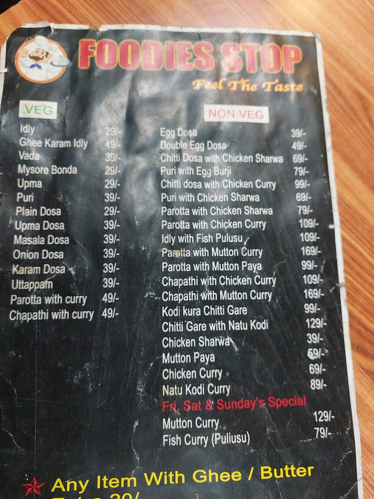 Menu at Foodies stop, Hyderabad