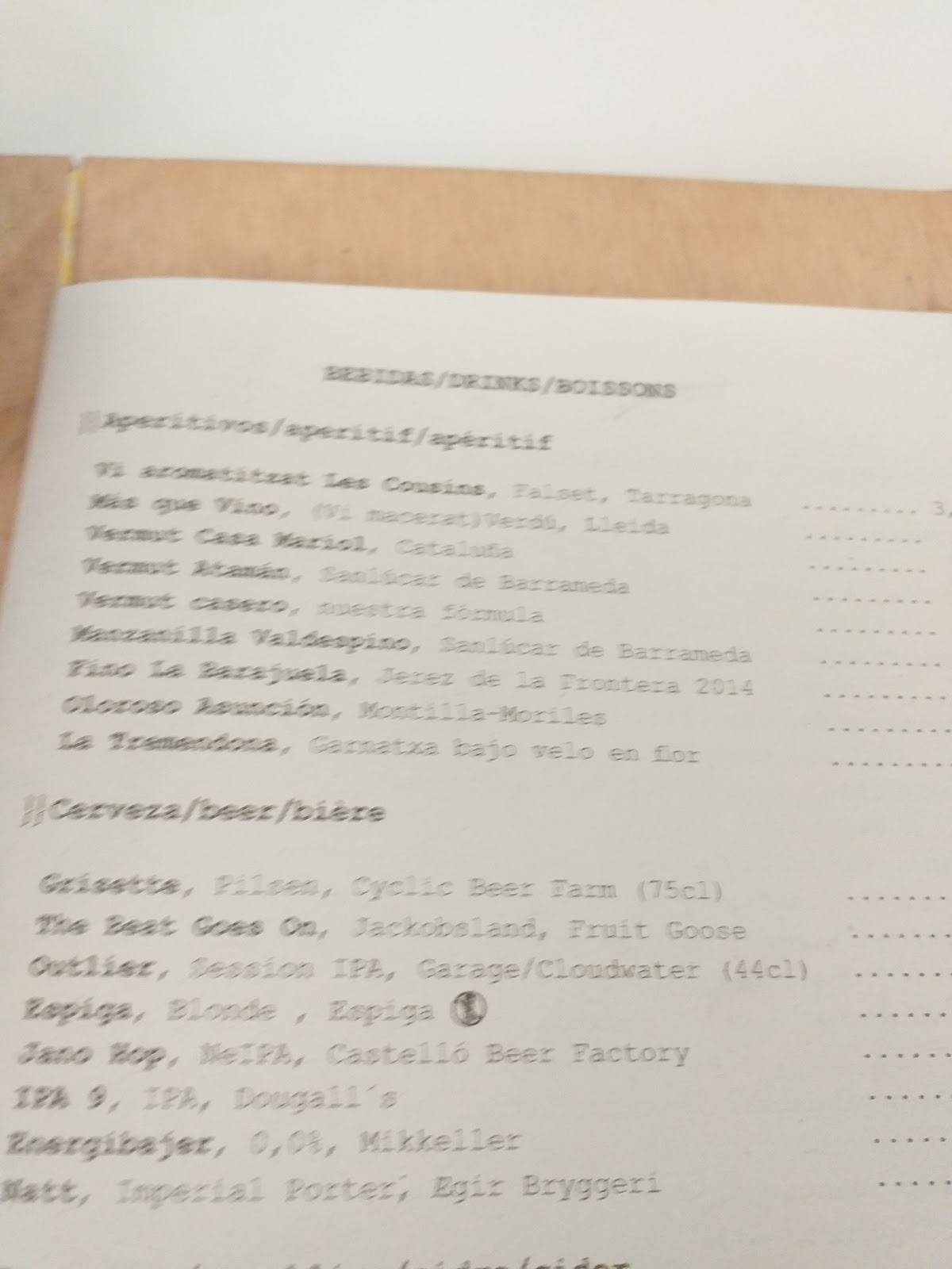 Menu at Forastera restaurant, Valencia