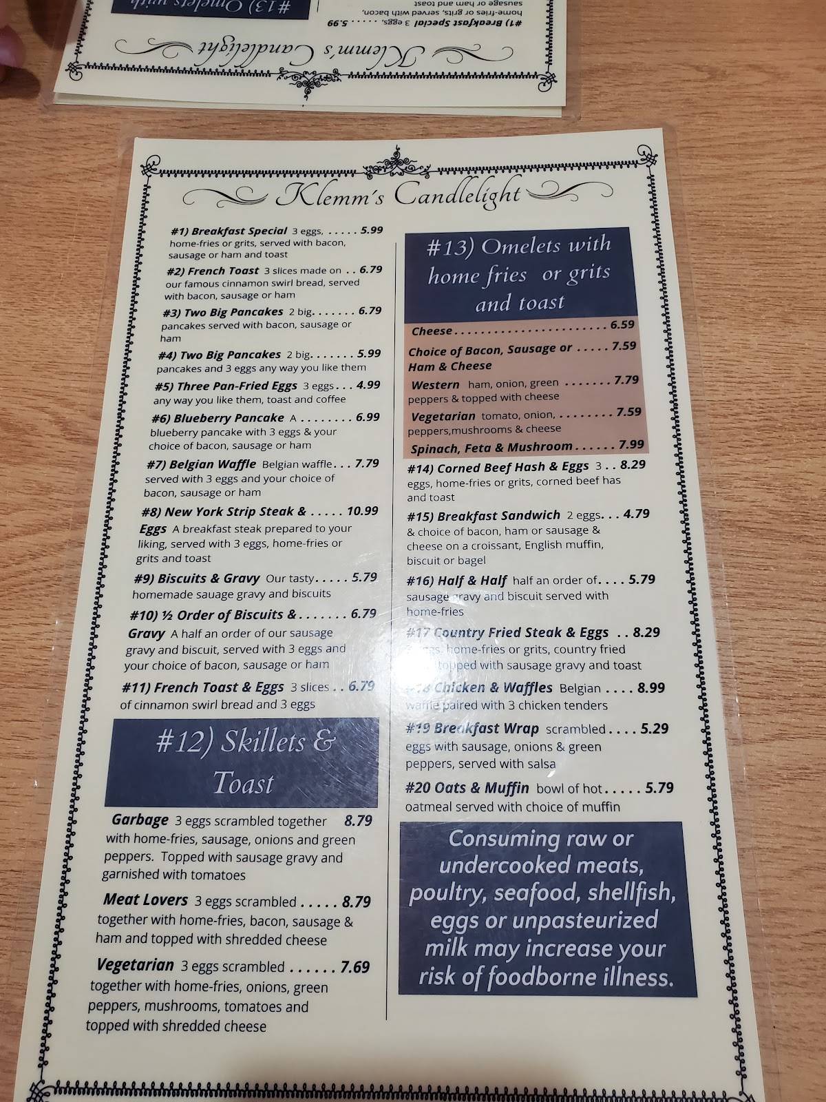 Menu at Klemm's Candlelight Cafe, Fort Wayne