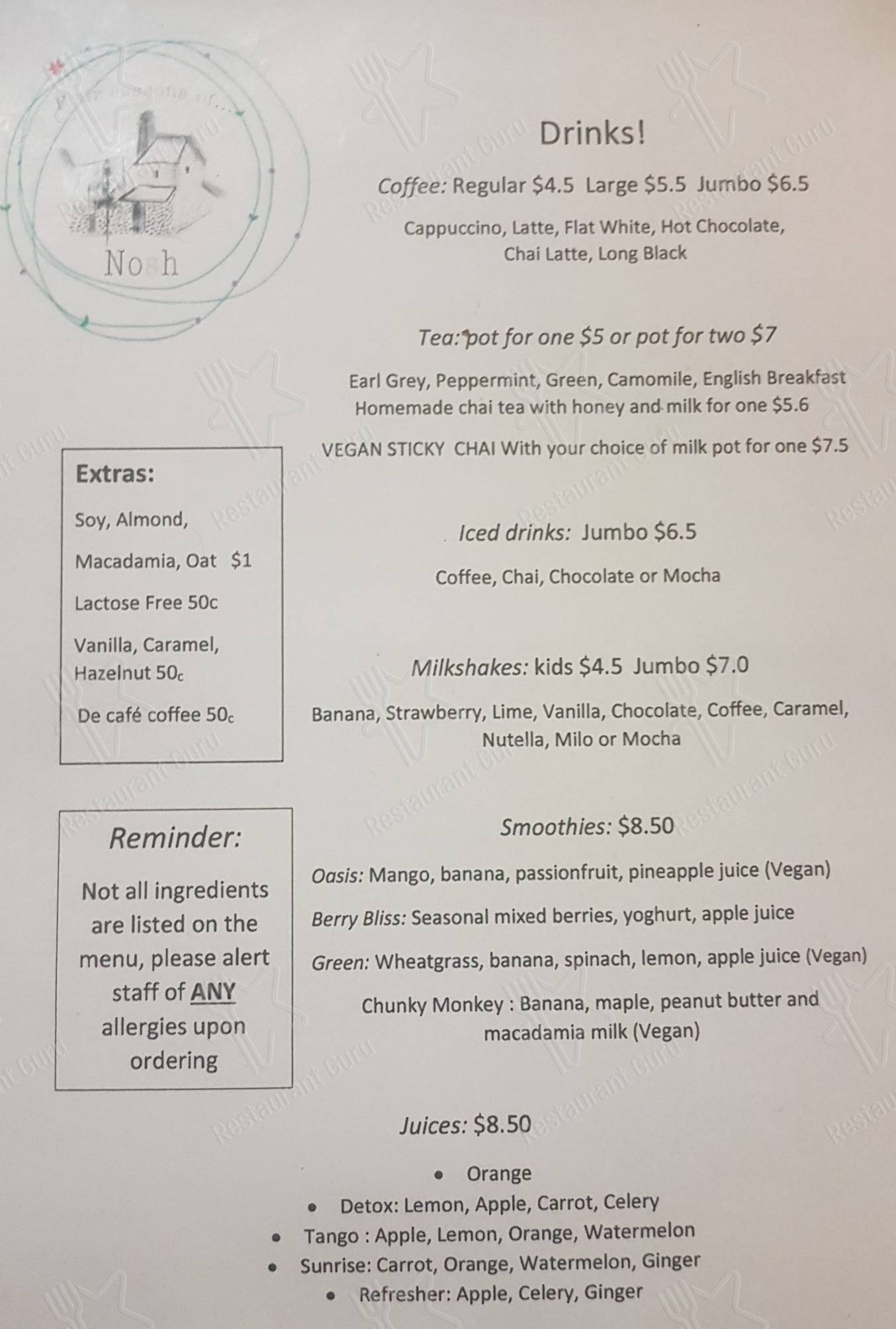 Menu at Four Seasons of Nosh cafe, Tanunda