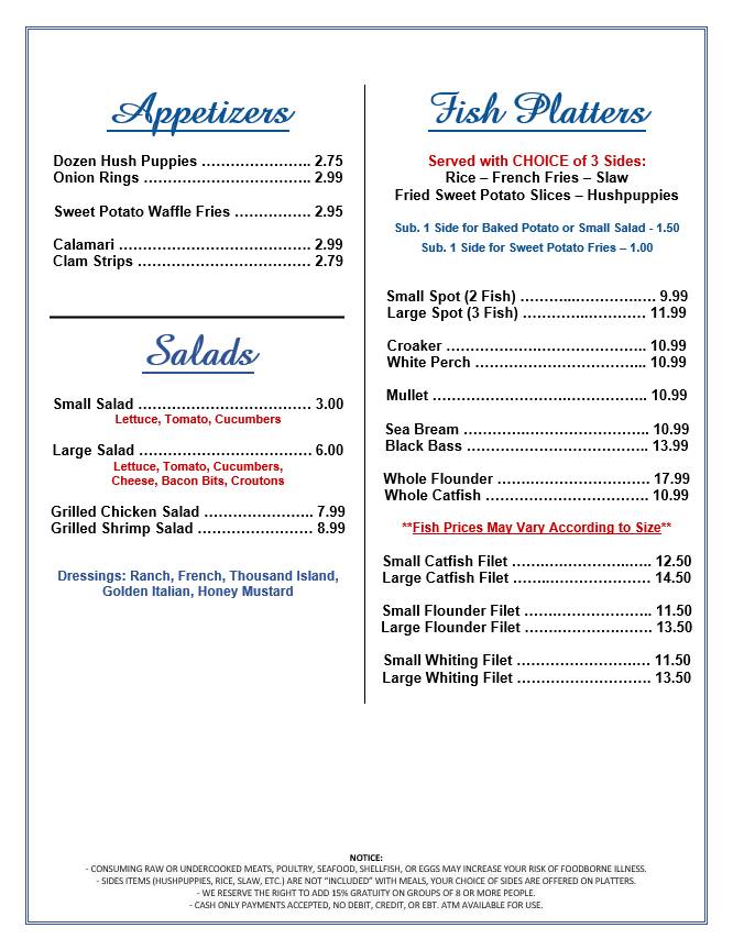 Menu at Friendly Seafood restaurant, Tabor City