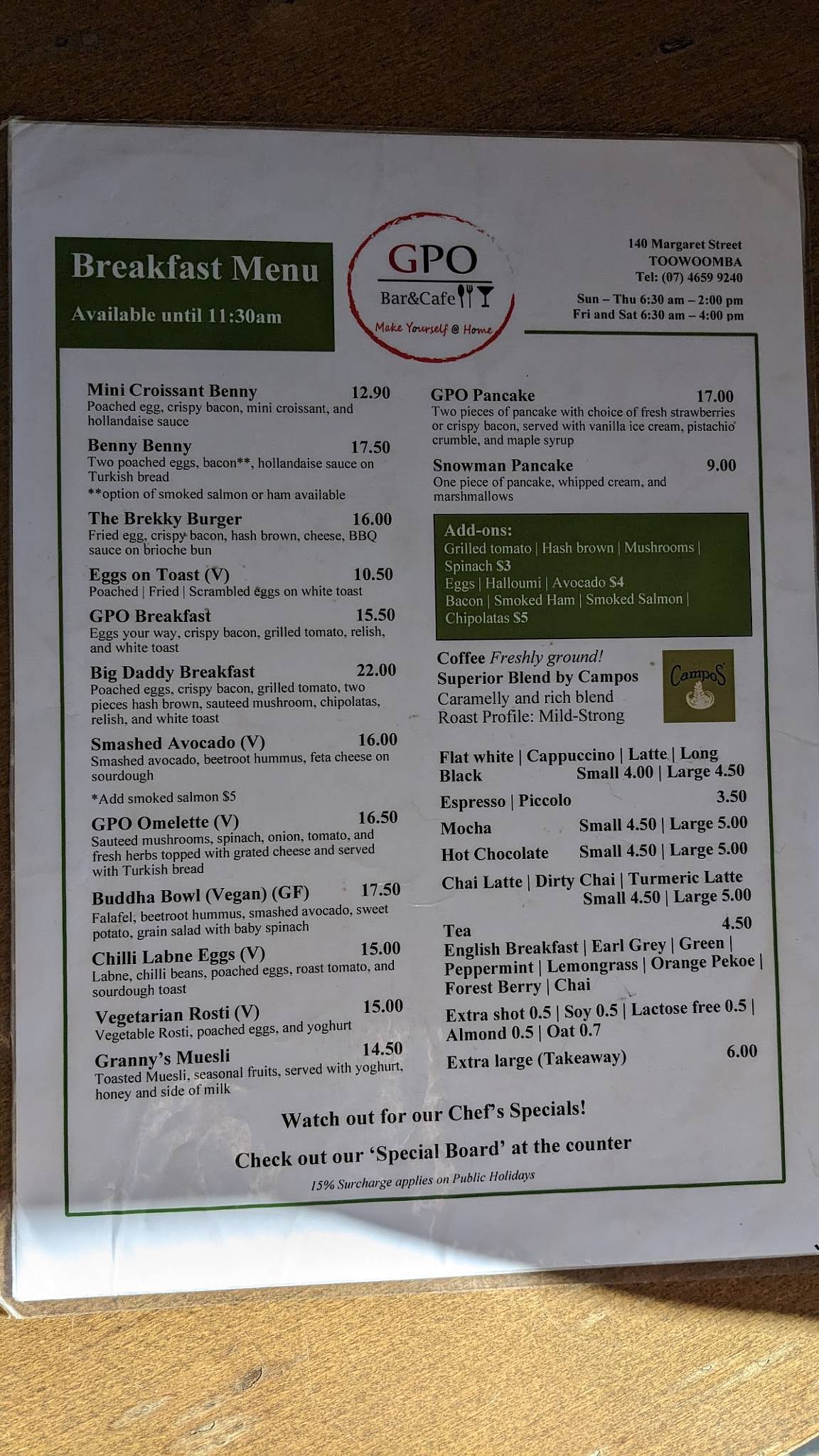 Menu at GPO Bar & Cafe, Toowoomba City