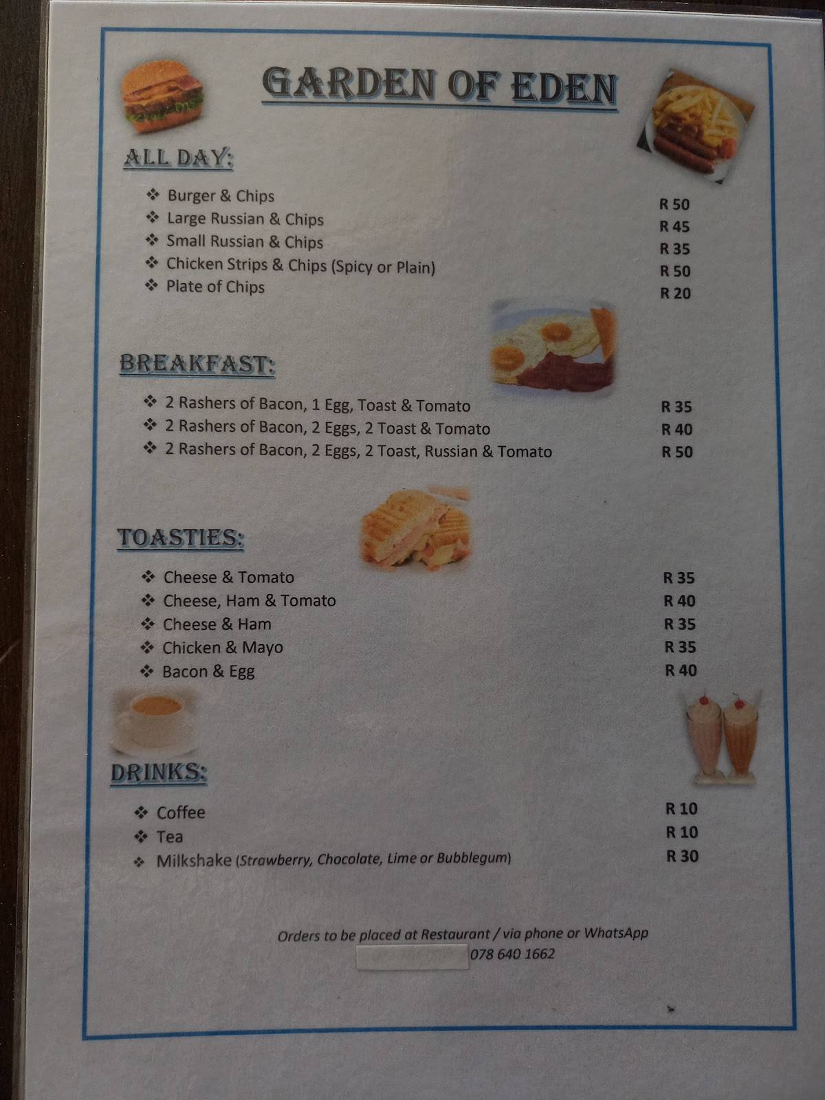 Menu at Garden Of Eden pub & bar, Umlazi