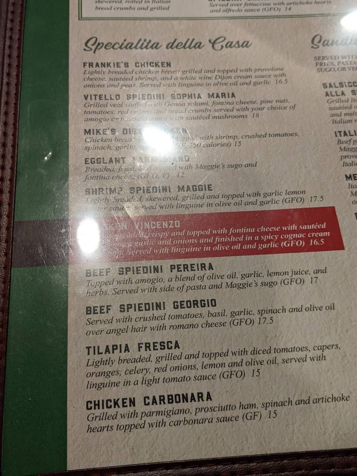 Menu at Garozzo's Downtown restaurant, Kansas City
