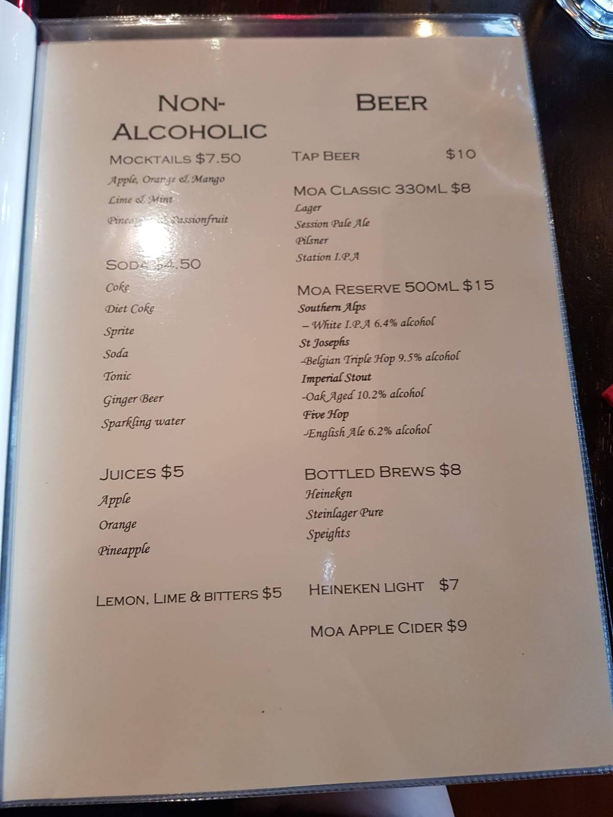 Menu at Gaslight Restaurant, Dunedin