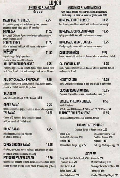 Menu at The George Street Diner restaurant, Toronto