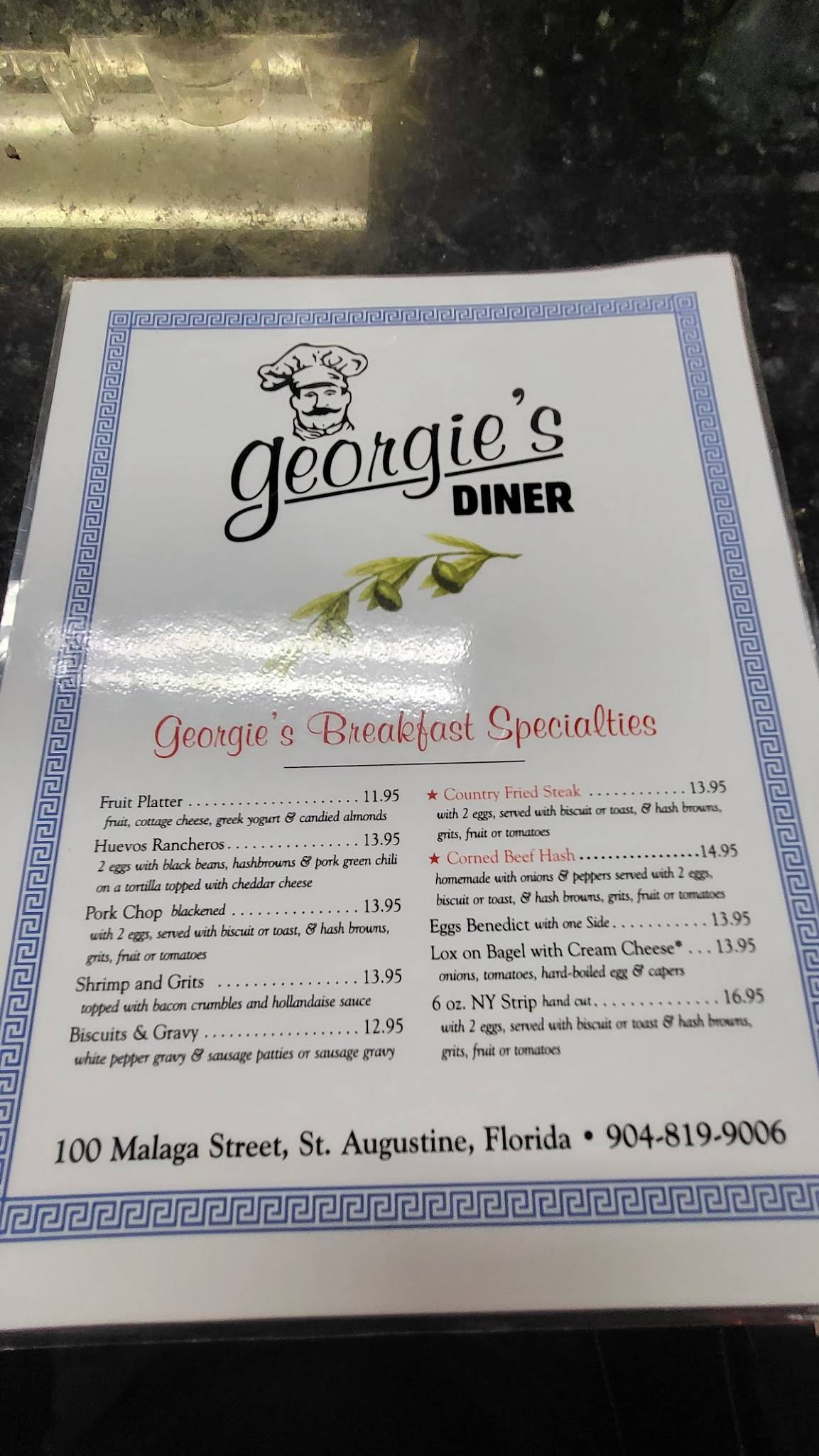Menu at Georgie's Diner restaurant, St. Augustine