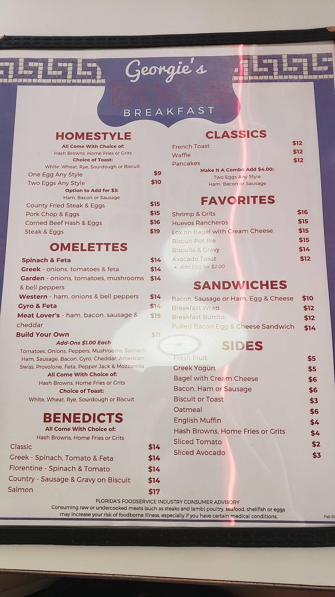 Menu at Georgie's Diner restaurant, St. Augustine