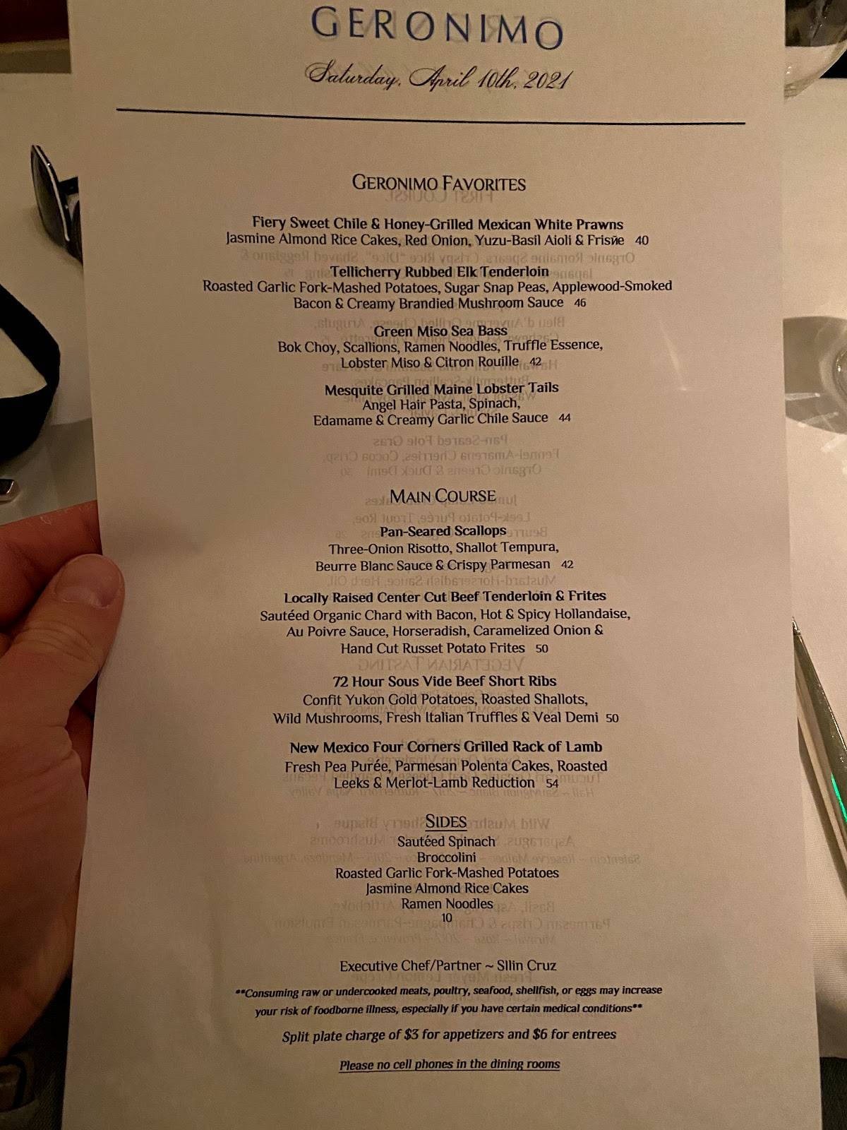 Menu at Geronimo restaurant, Santa Fe