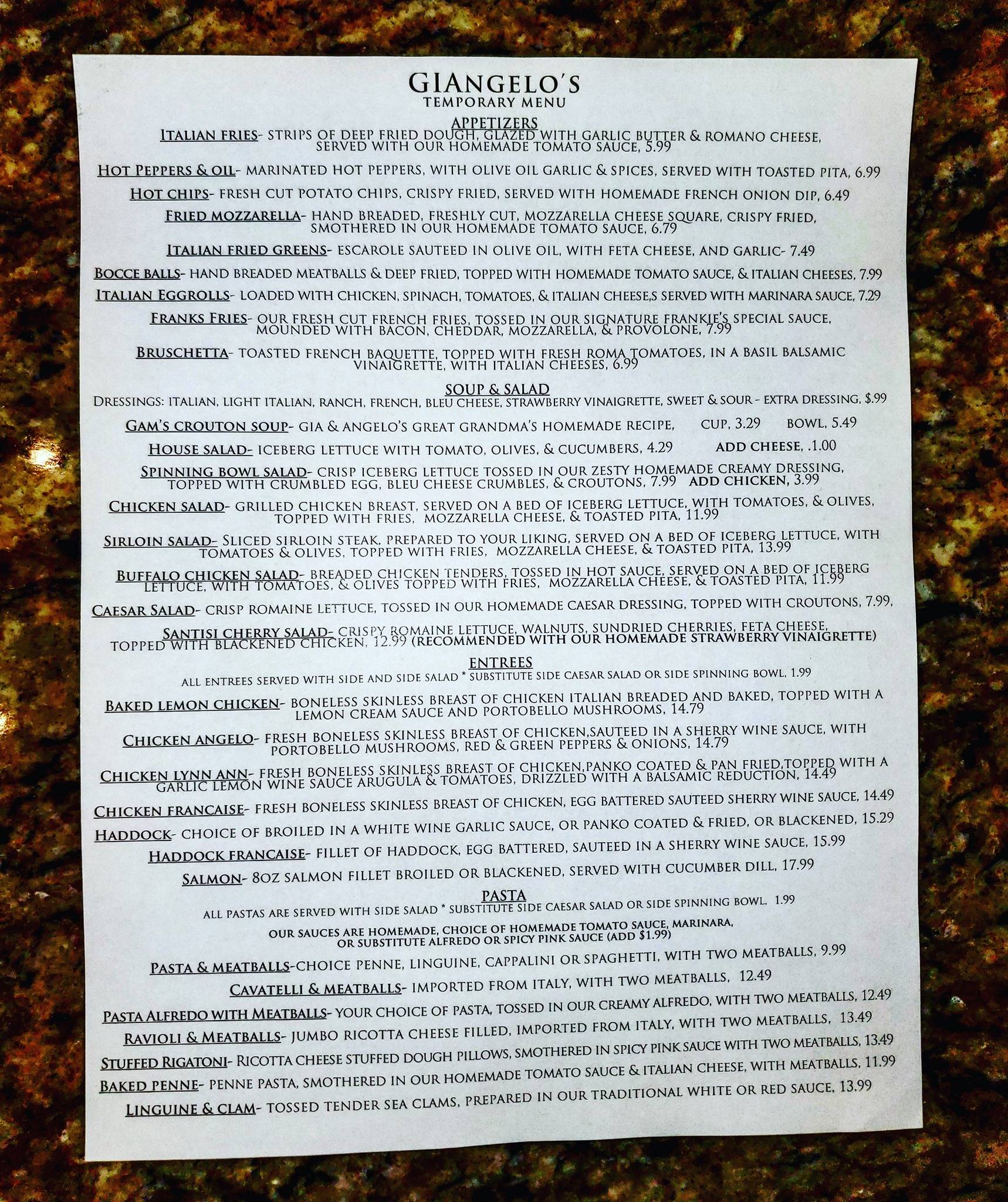Menu at Giangelo's Pizzeria Italian Restaurant & Bar, Youngstown