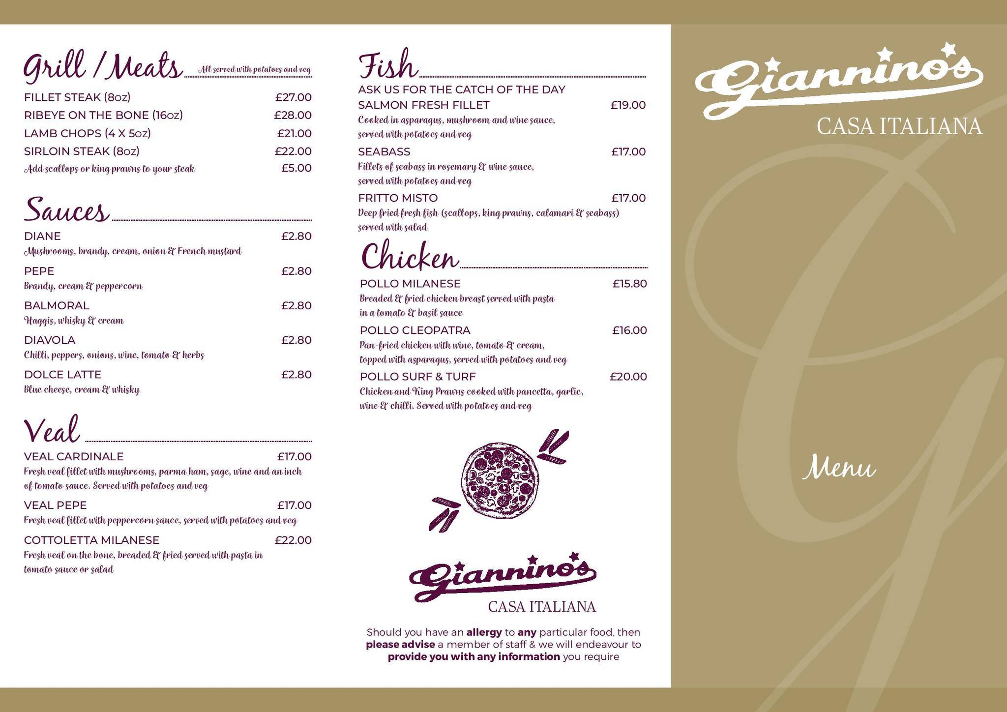 Menu at Gianninos restaurant, Broxburn