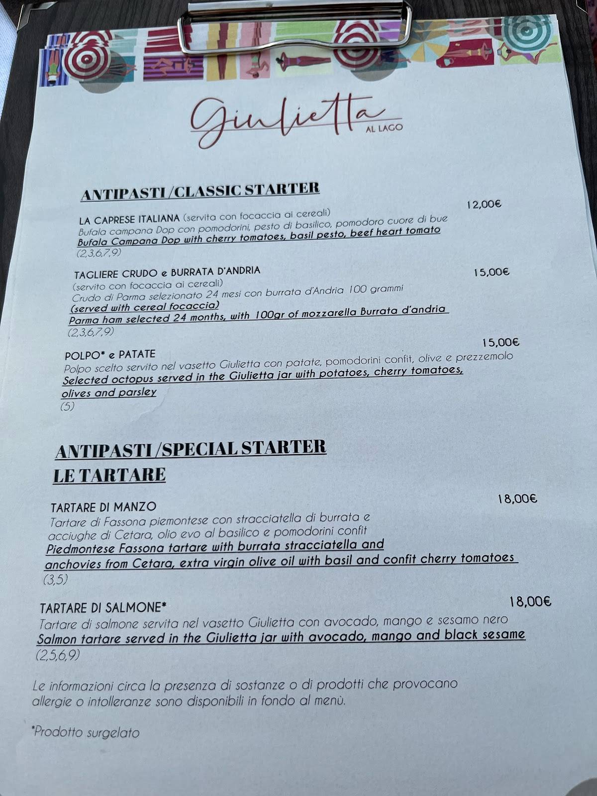 Menu da Giulietta al Lago - Como ristorante, Como