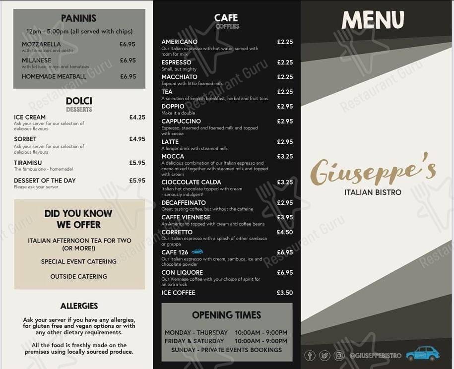 Menu at Giuseppe's Italian Bistro restaurant, Gateshead