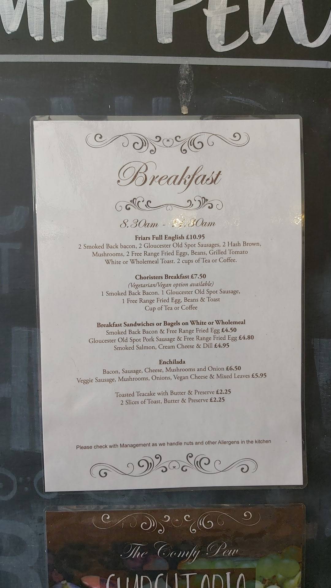 Menu at Comfy Pew Cafe Bistro, Gloucester