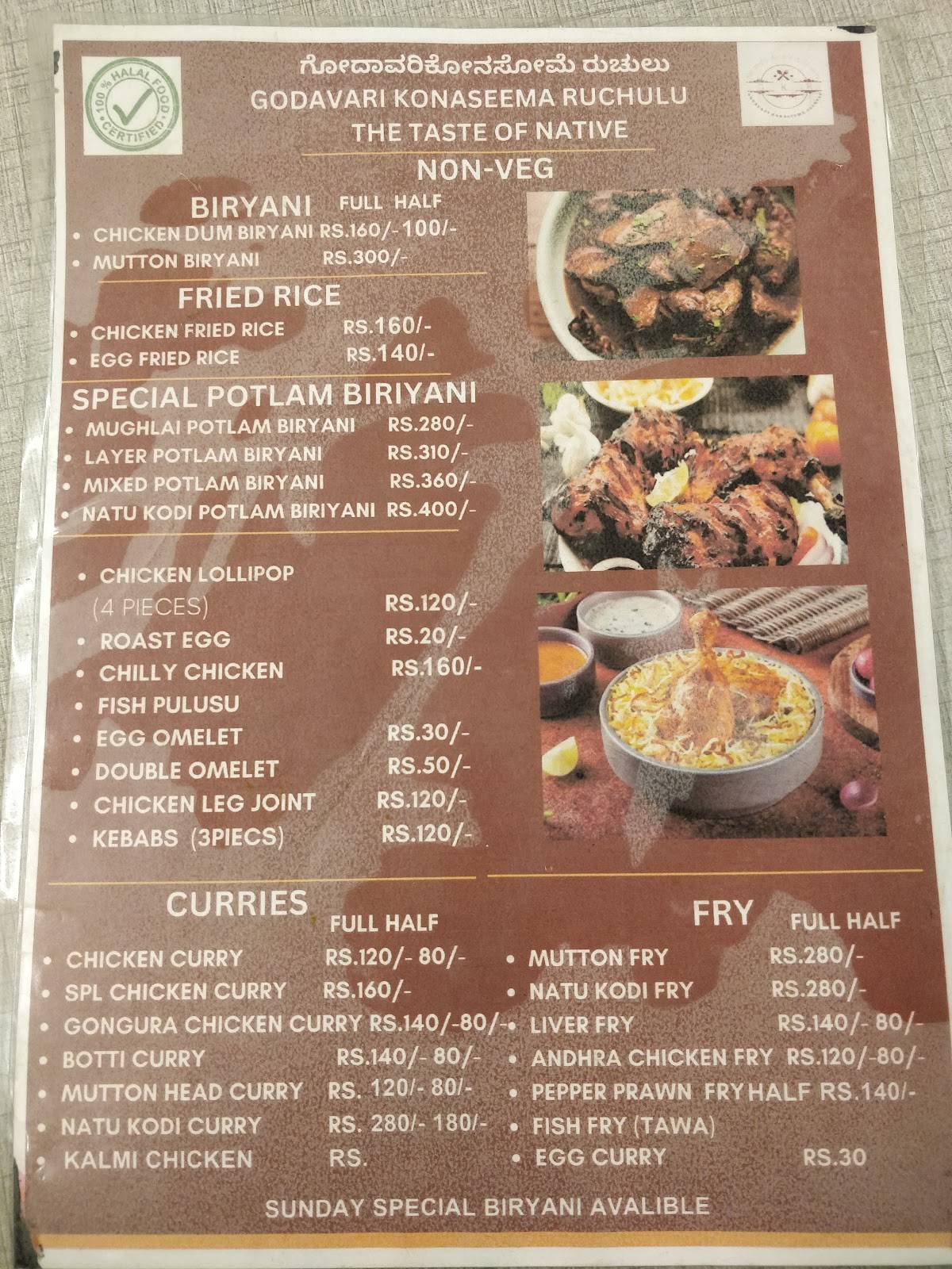 Menu at Godavari Konaseema Ruchulu, Bengaluru, KHB high rise apartment