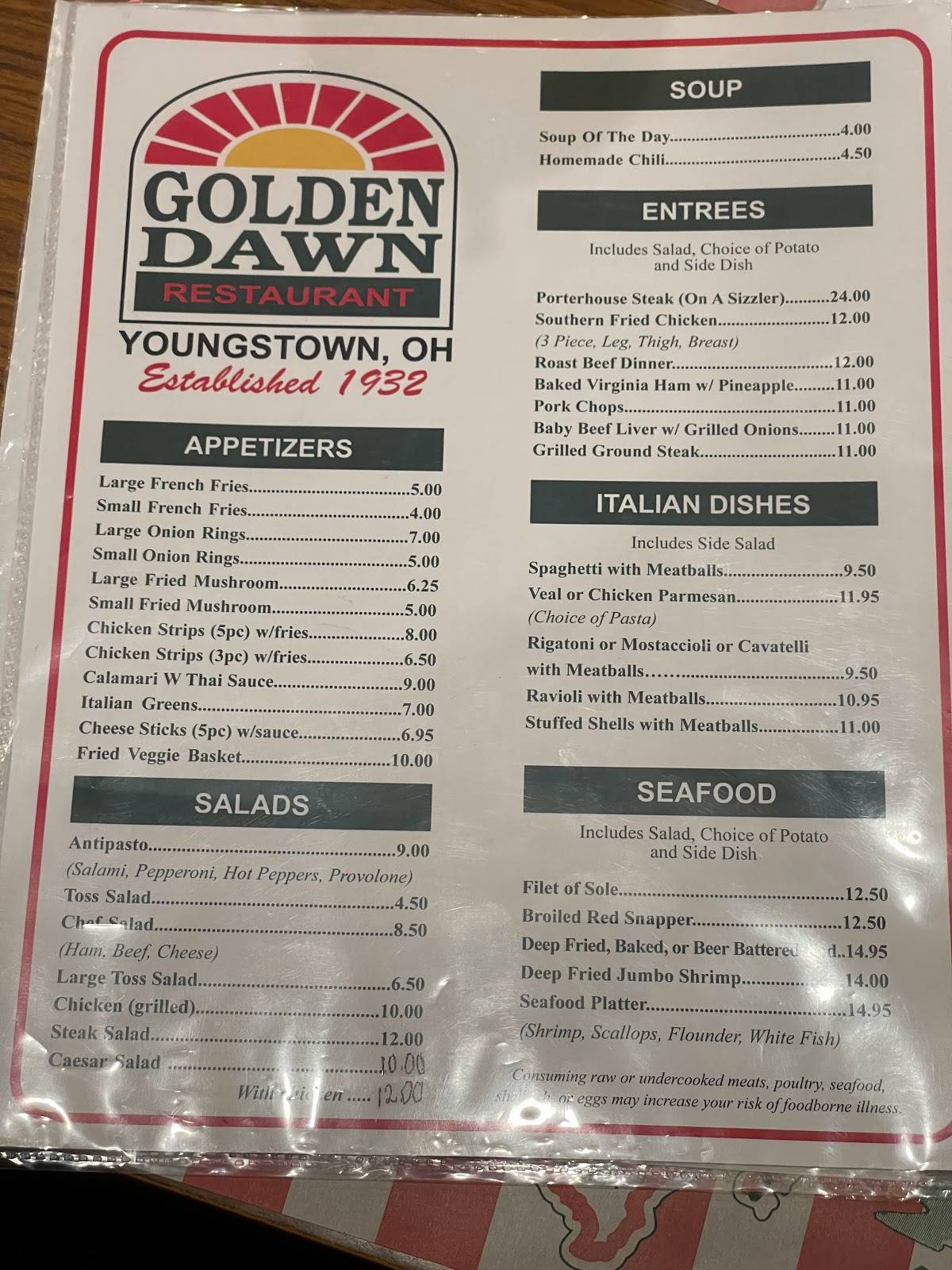 Menu at Golden Dawn Restaurant, Youngstown