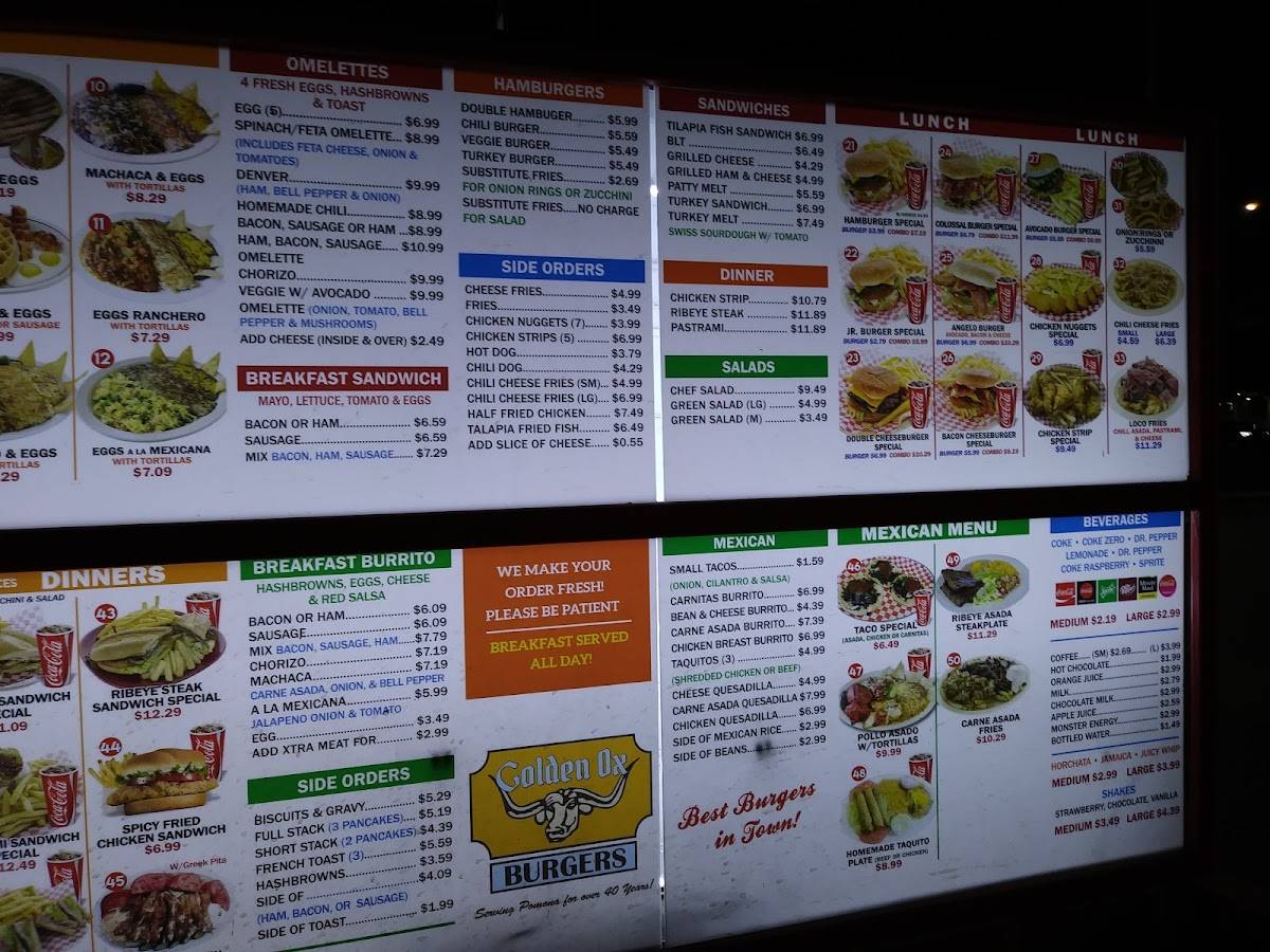Menu at Golden Ox restaurant, Pomona