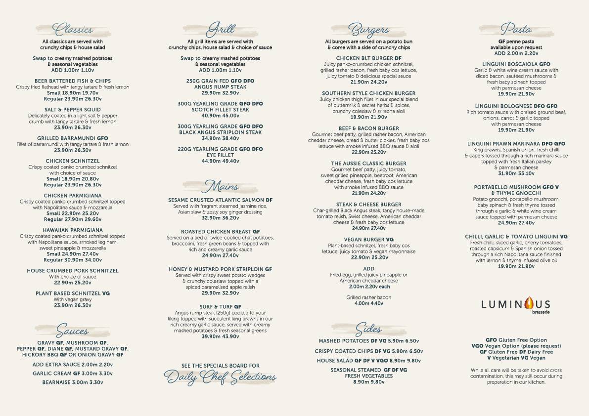 Menu at Gosford RSL Club, West Gosford