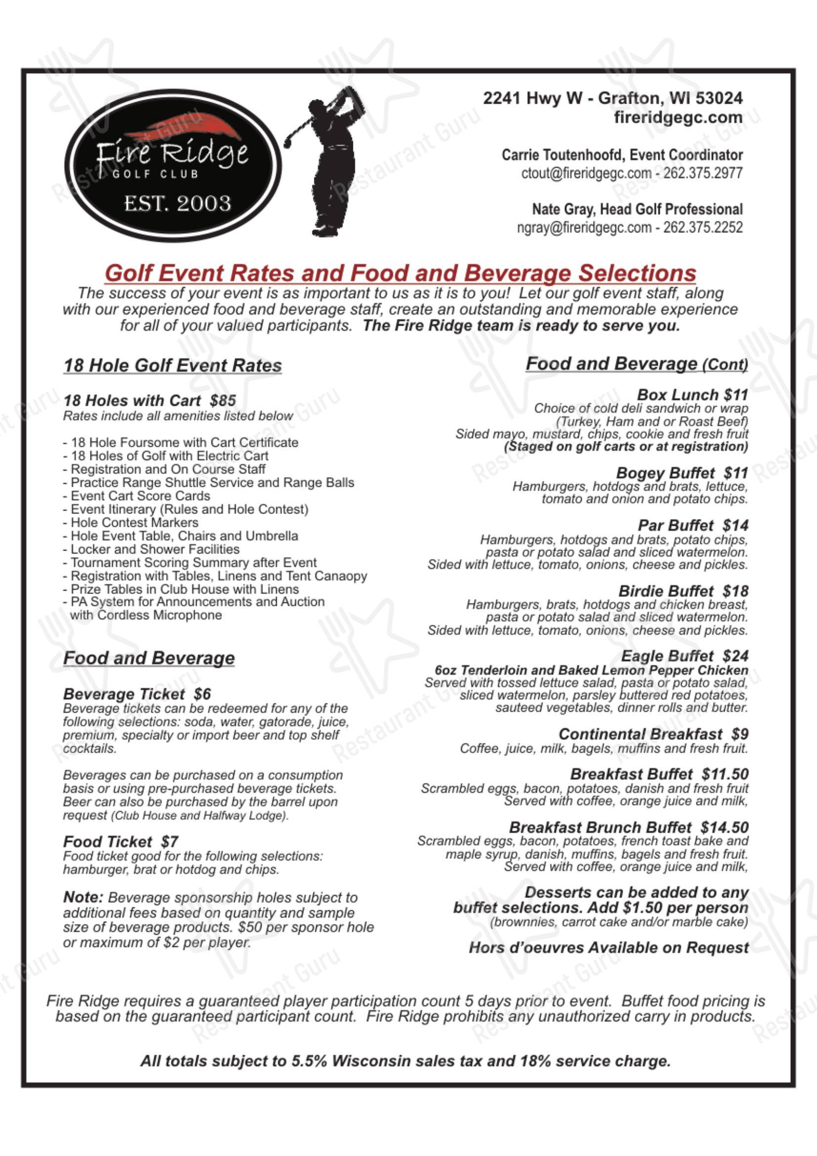 Menu at Flannery's at Fire Ridge Golf Club, Grafton, County Rd W