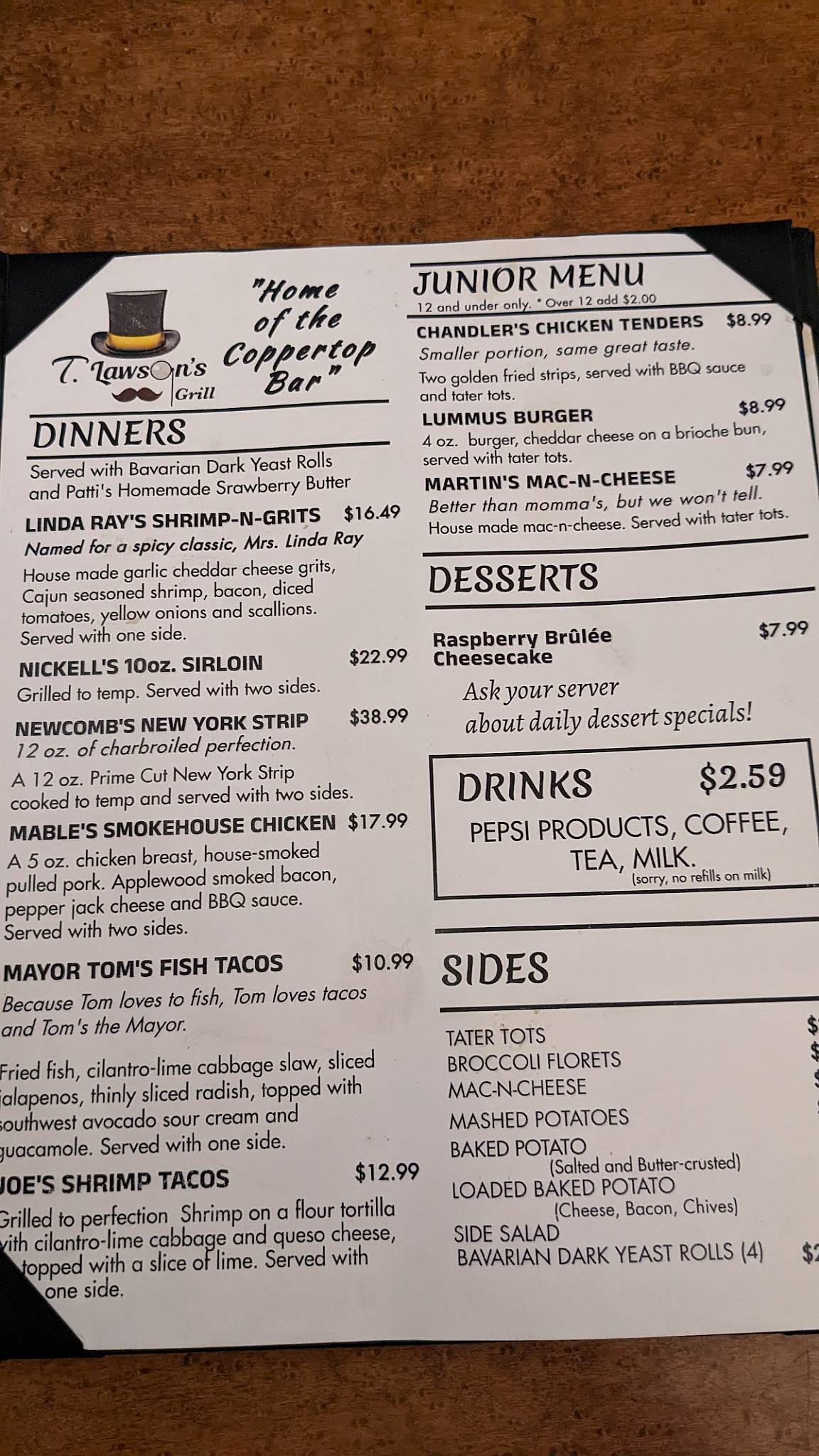 Menu at T Lawson’s Grill pub & bar, Grand Rivers