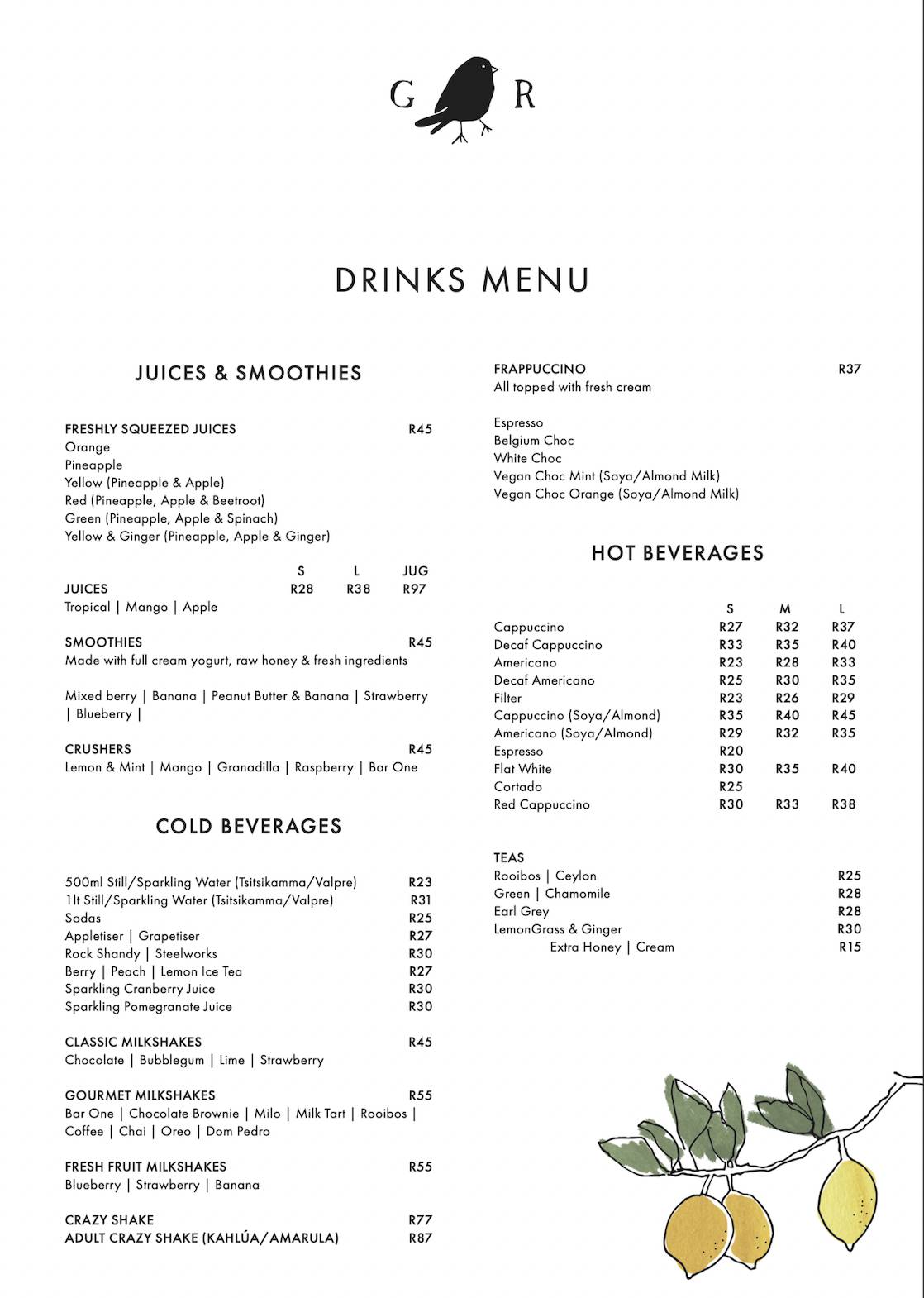Menu at Grass Roof restaurant, Port Elizabeth