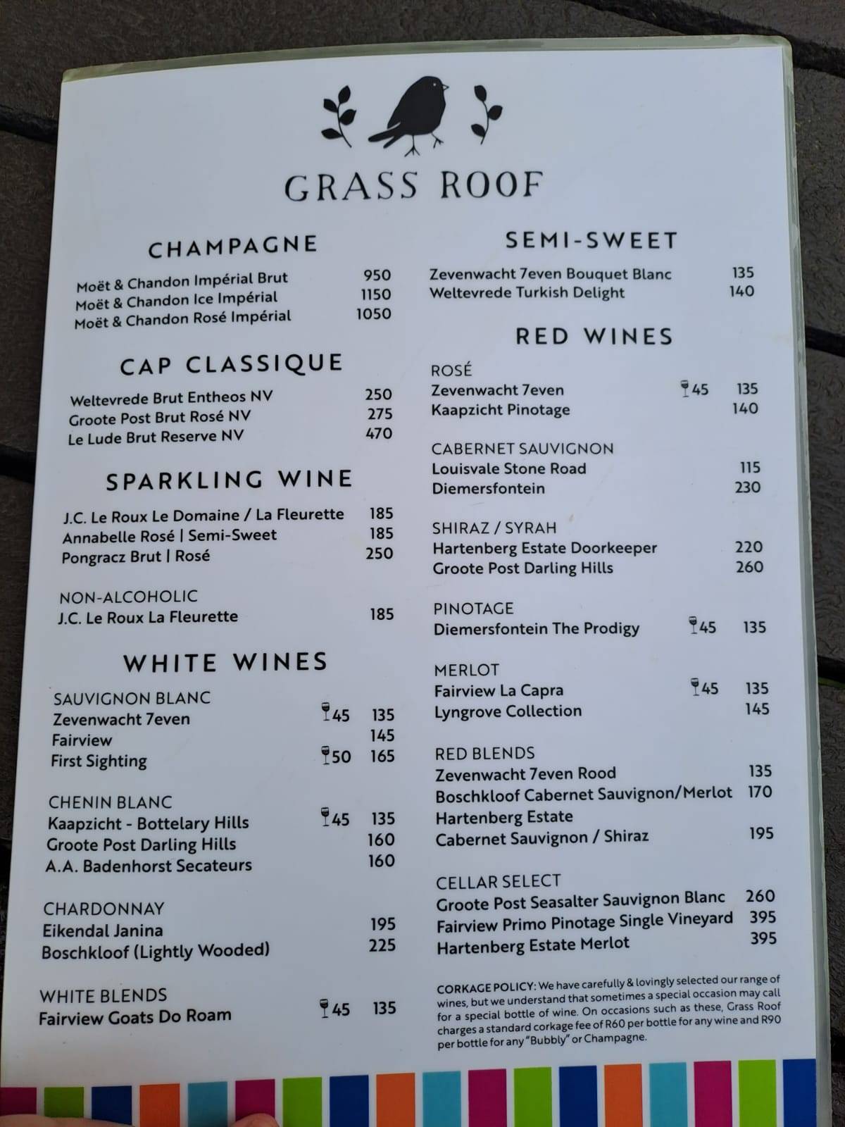 Menu at Grass Roof restaurant, Port Elizabeth
