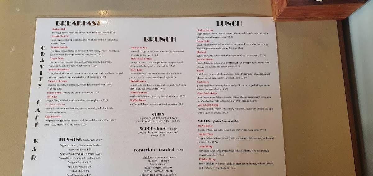 Menu at Gravity Cafe Bar, Colac