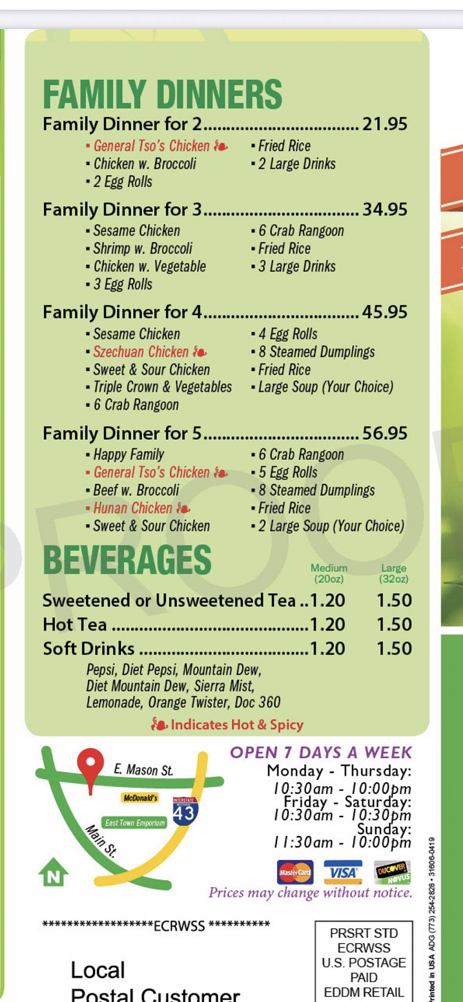 Menu at Green Tea Chinese Drive Thru restaurant, Green Bay, E Mason St