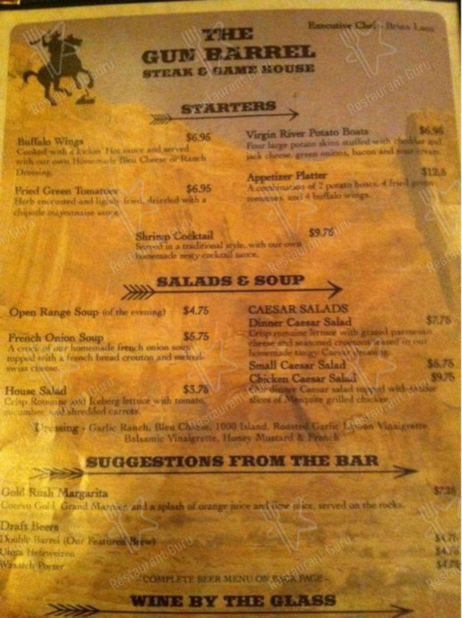 Menu at The Gun Barrel Steak & Game House, St. George