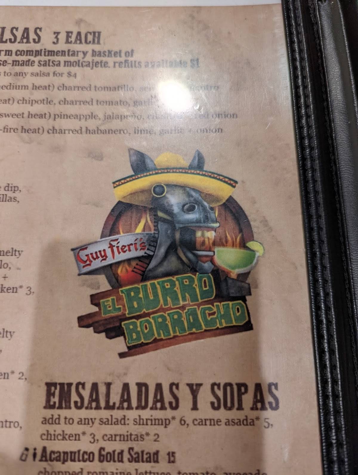 Menu at Guy Fieri's El Burro Borracho restaurant, Laughlin