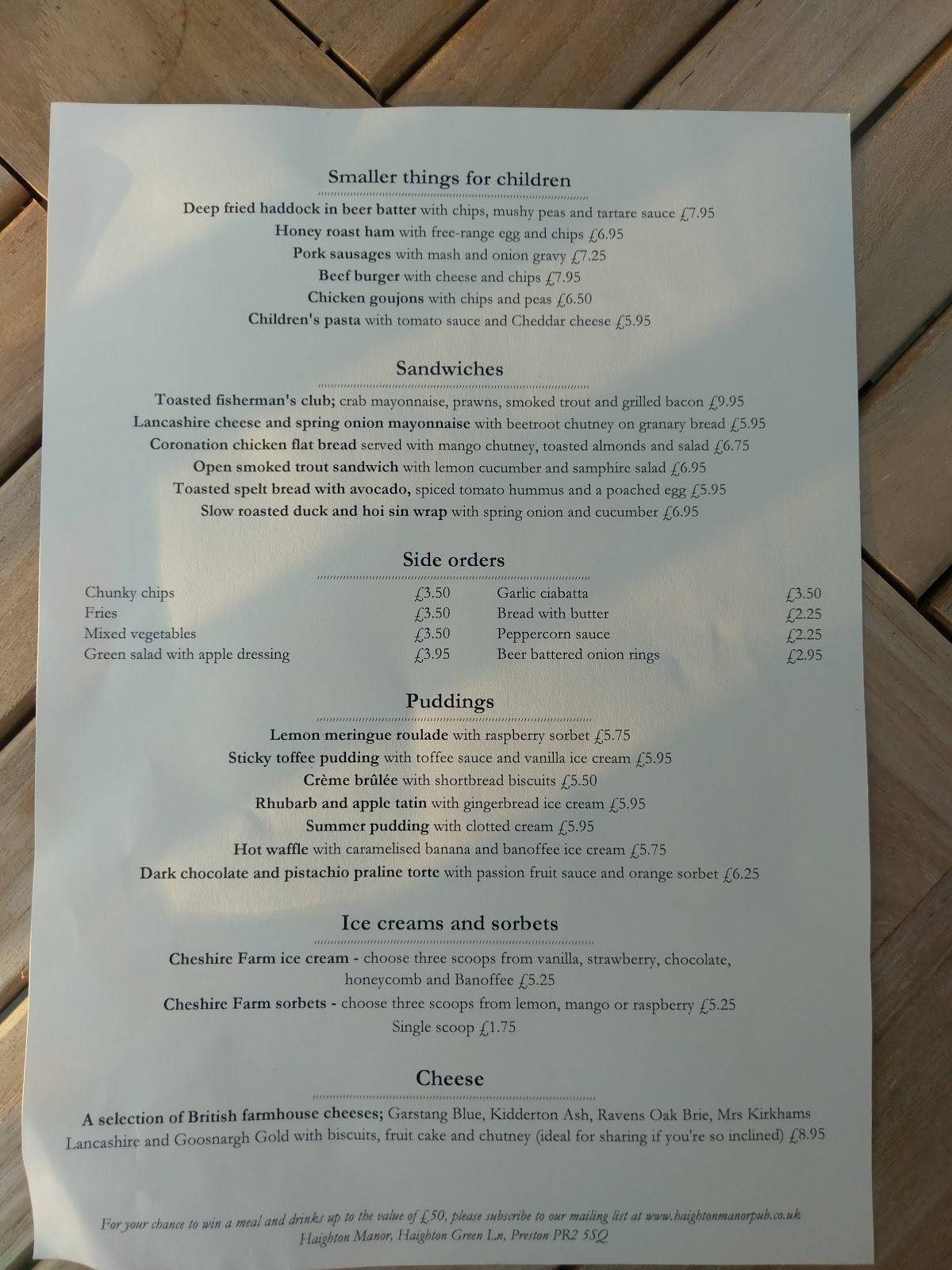 Menu at Haighton Manor pub & bar, Preston