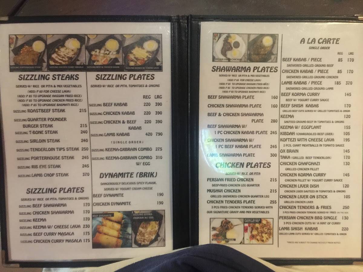 Menu at Hassan Kabab and Steaks restaurant, Quezon City, 9 Visayas Ave