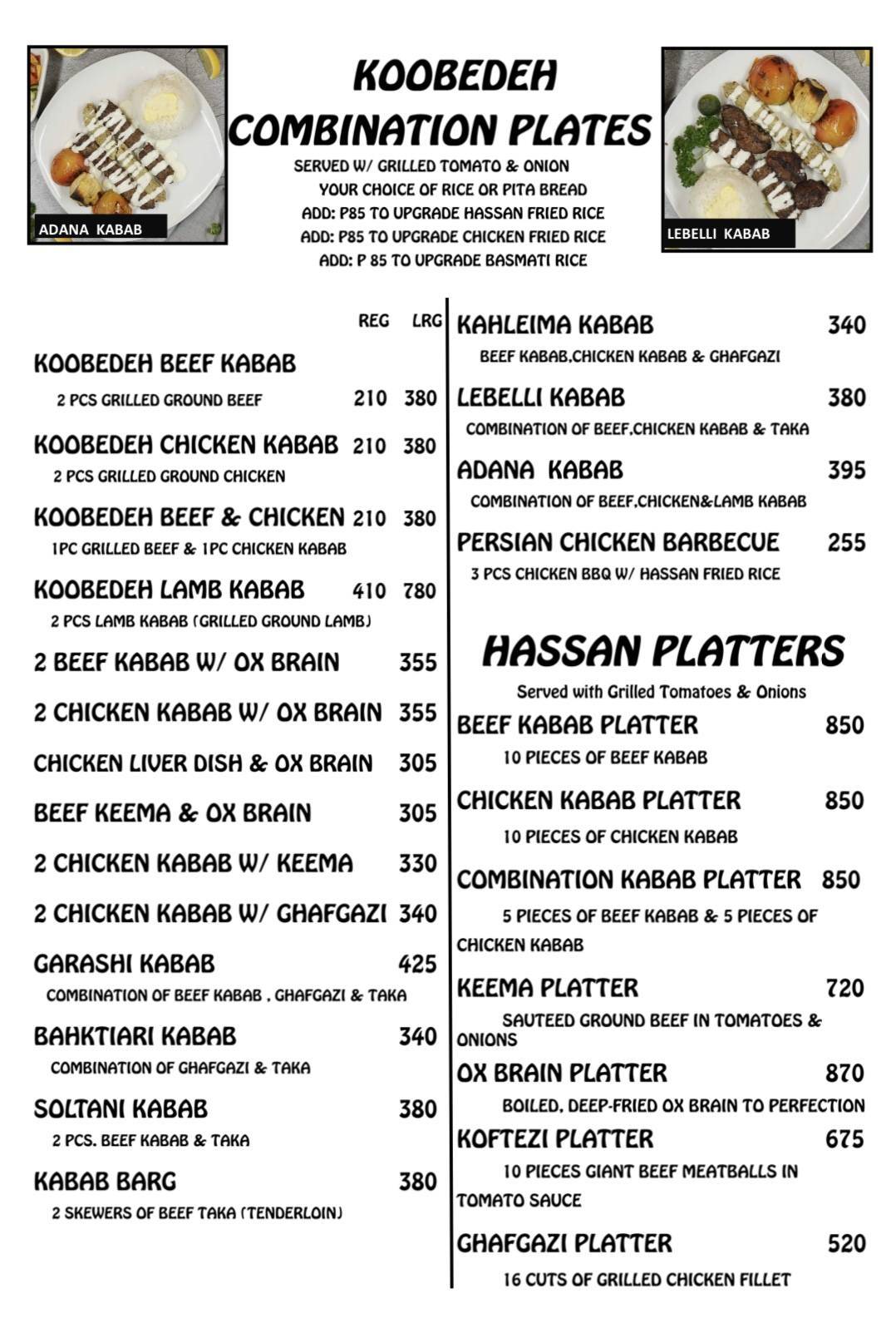 Menu at Hassan Kabab and Steaks restaurant, Quezon City, 9 Visayas Ave