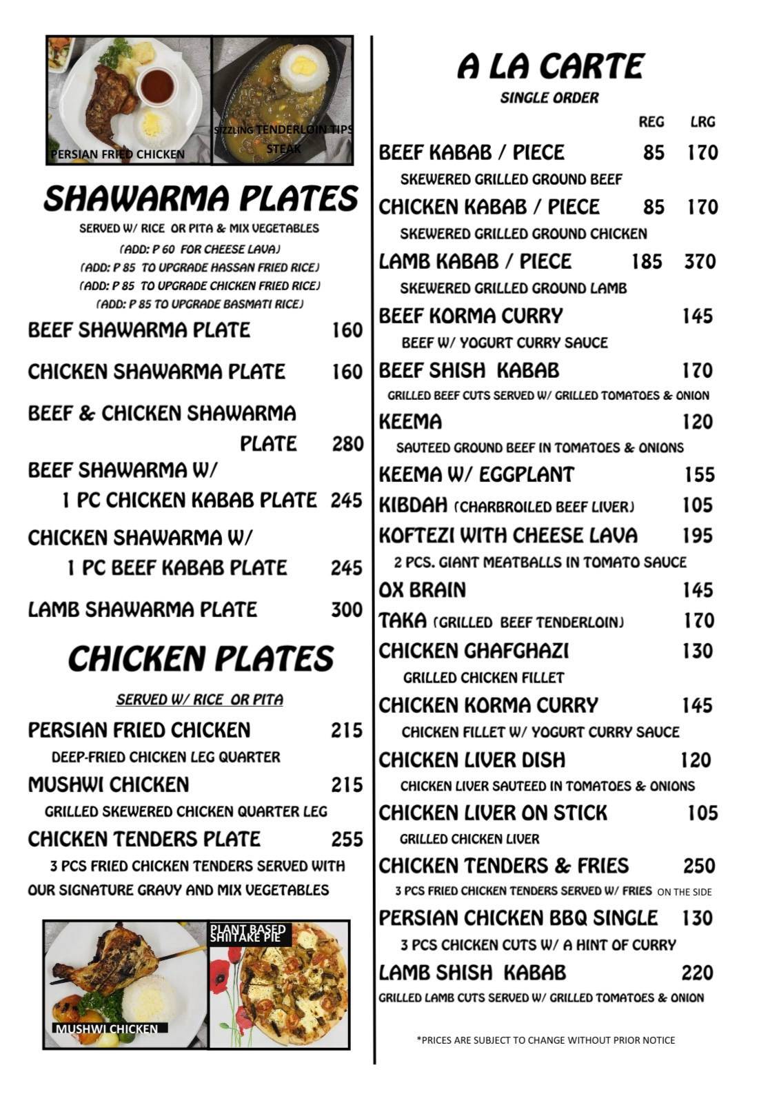Menu at Hassan Kabab and Steaks restaurant, Quezon City, 9 Visayas Ave