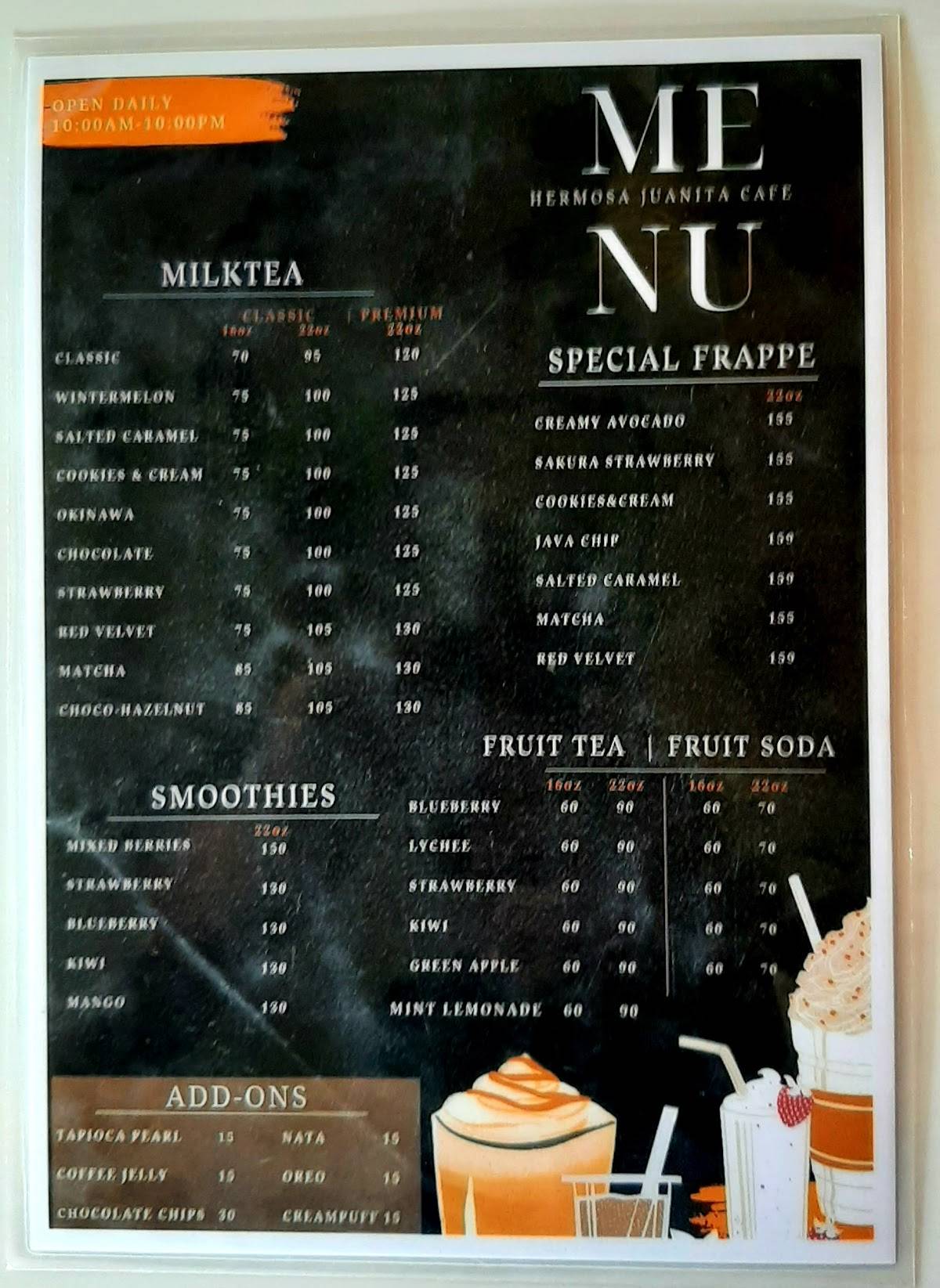 Menu at Hermosa Juanita Cafe, Camiling