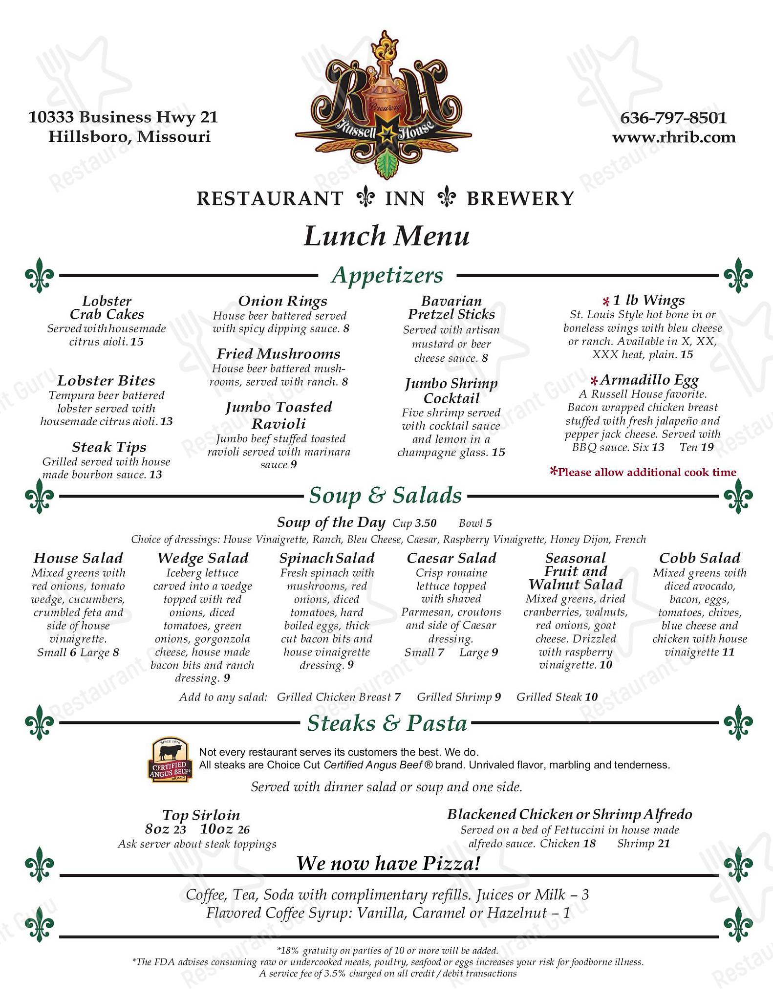 Menu at The Russell House Restaurant Inn and Brewery, Hillsboro