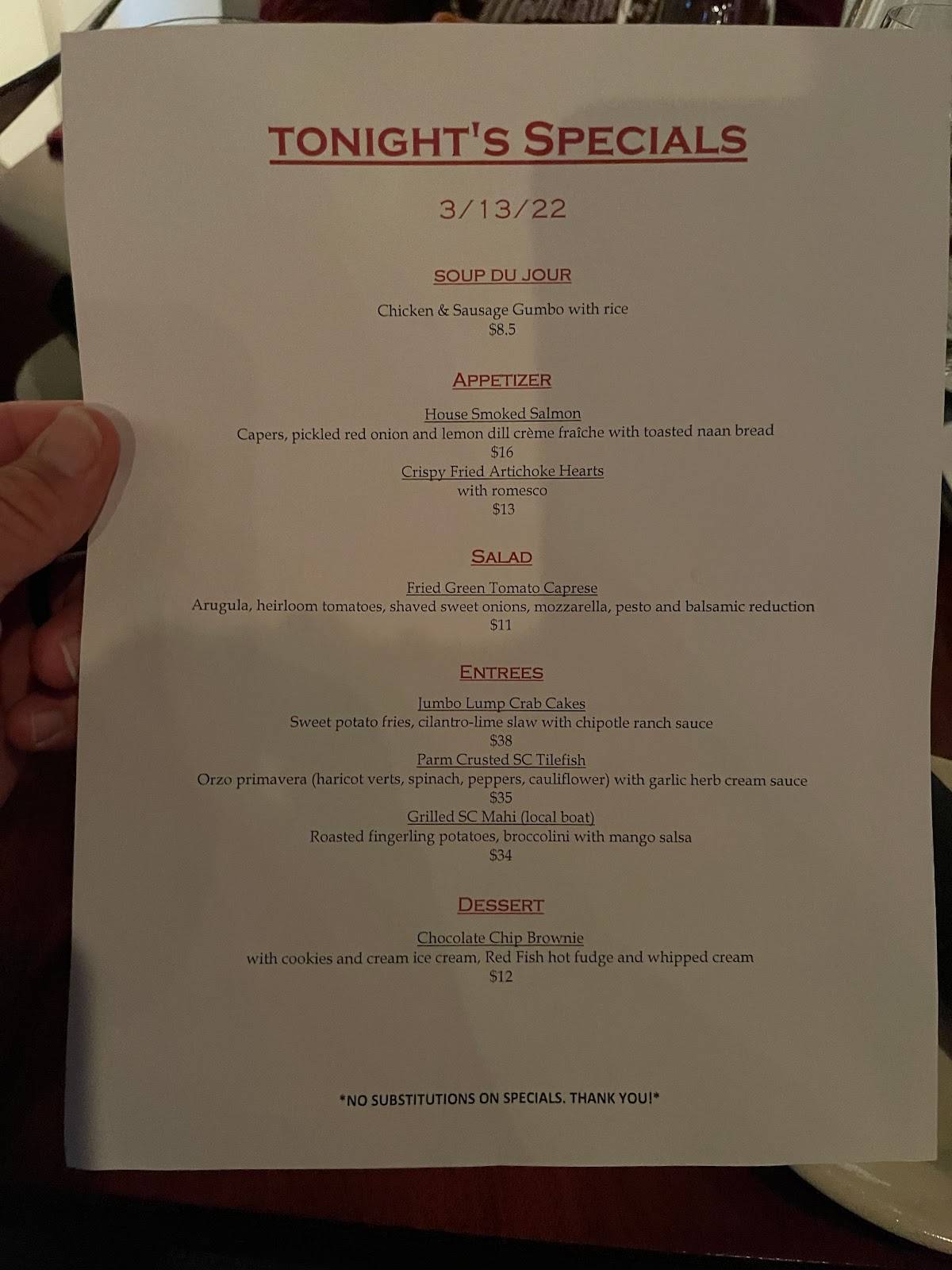 Menu at Red Fish Restaurant, Hilton Head Island