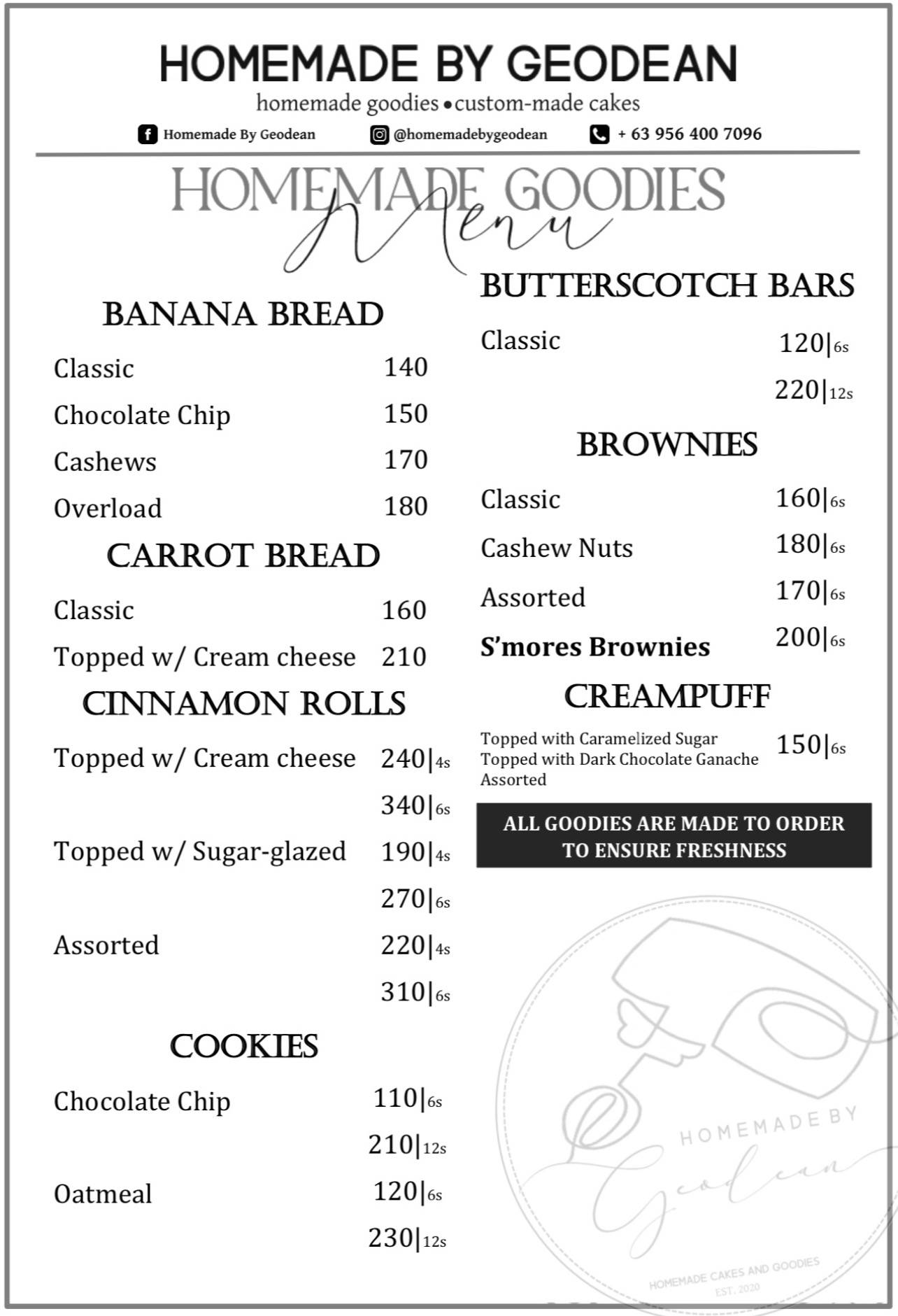 Menu at Homemade by Geodean desserts, Gapan City