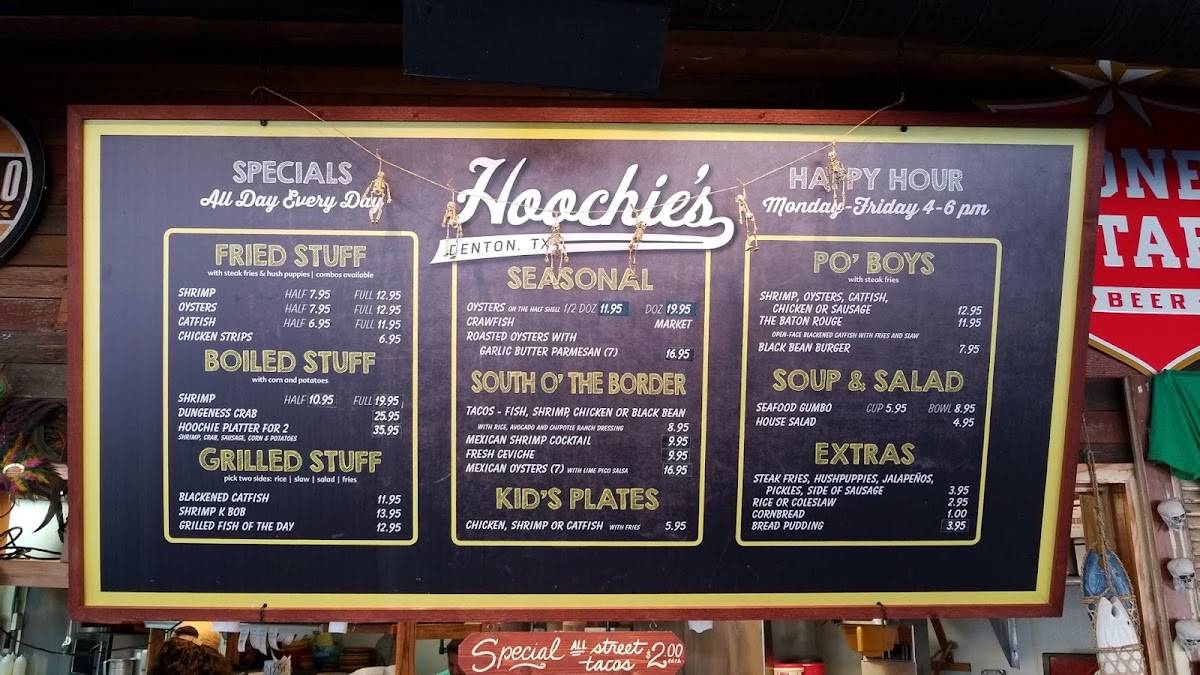 Menu at Hoochies restaurant, Denton, 214 E Hickory St