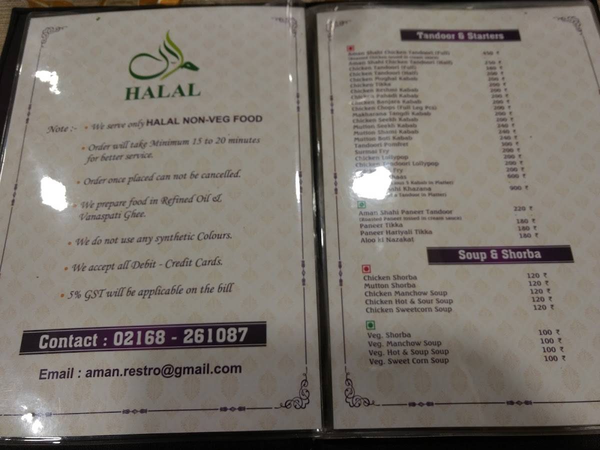 Menu at Hotel Aman, Mahabaleshwar