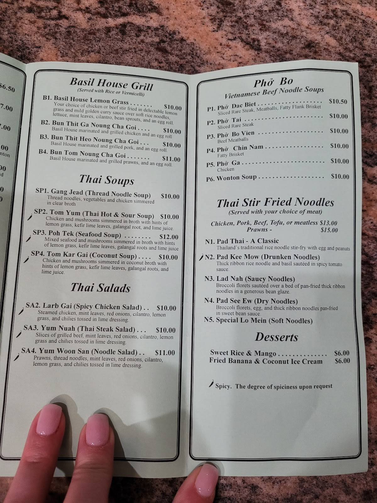 Menu at Basil House restaurant, Texas City