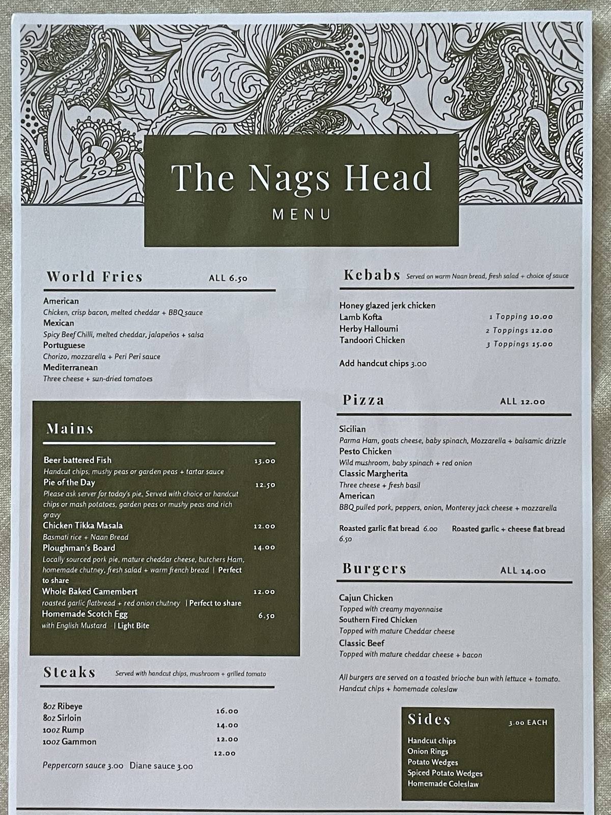 Menu at The Nags Head pub & bar, Hulland Ward