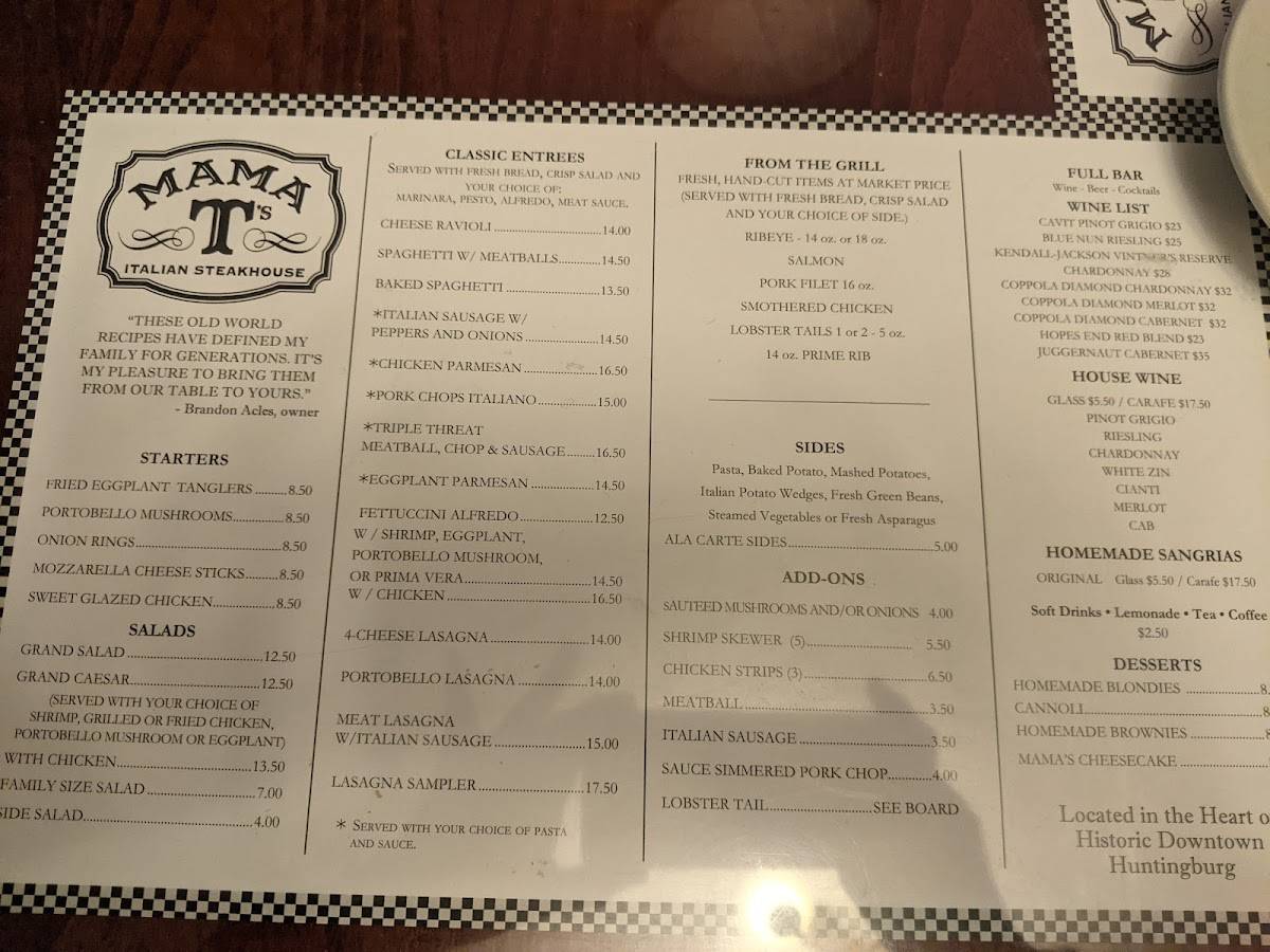 Menu at Mama T's Italian Steakhouse, Huntingburg
