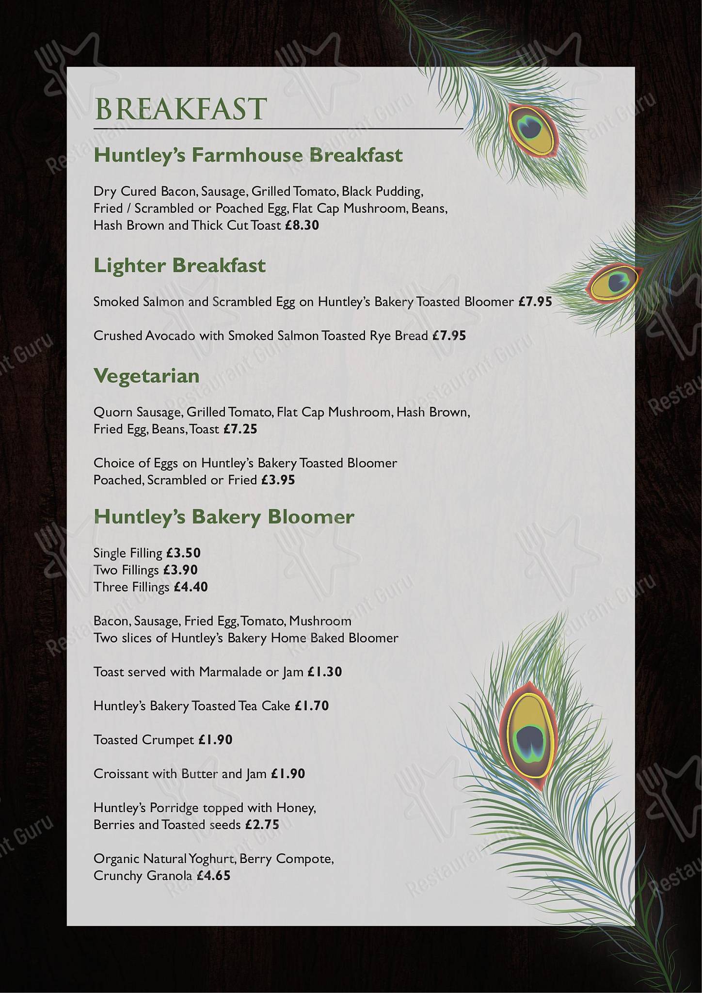 Menu at The Courtyard at Huntleys restaurant, Samlesbury