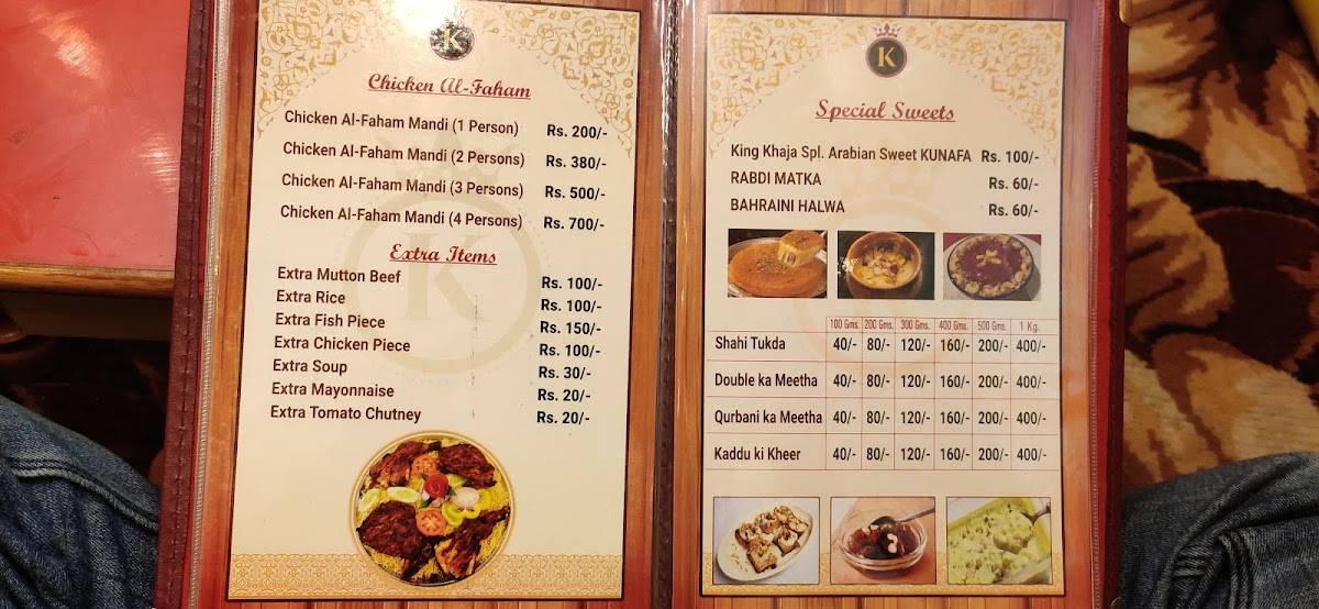Menu at Hotel King Khaja, Hyderabad
