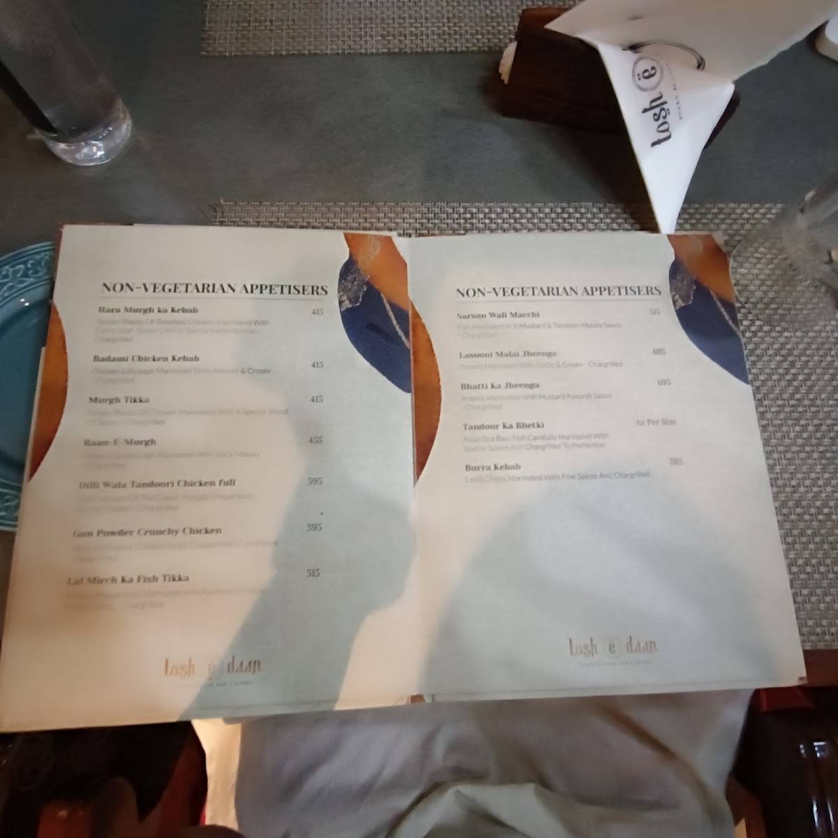 Menu at Tosh-e-daan, Hyderabad