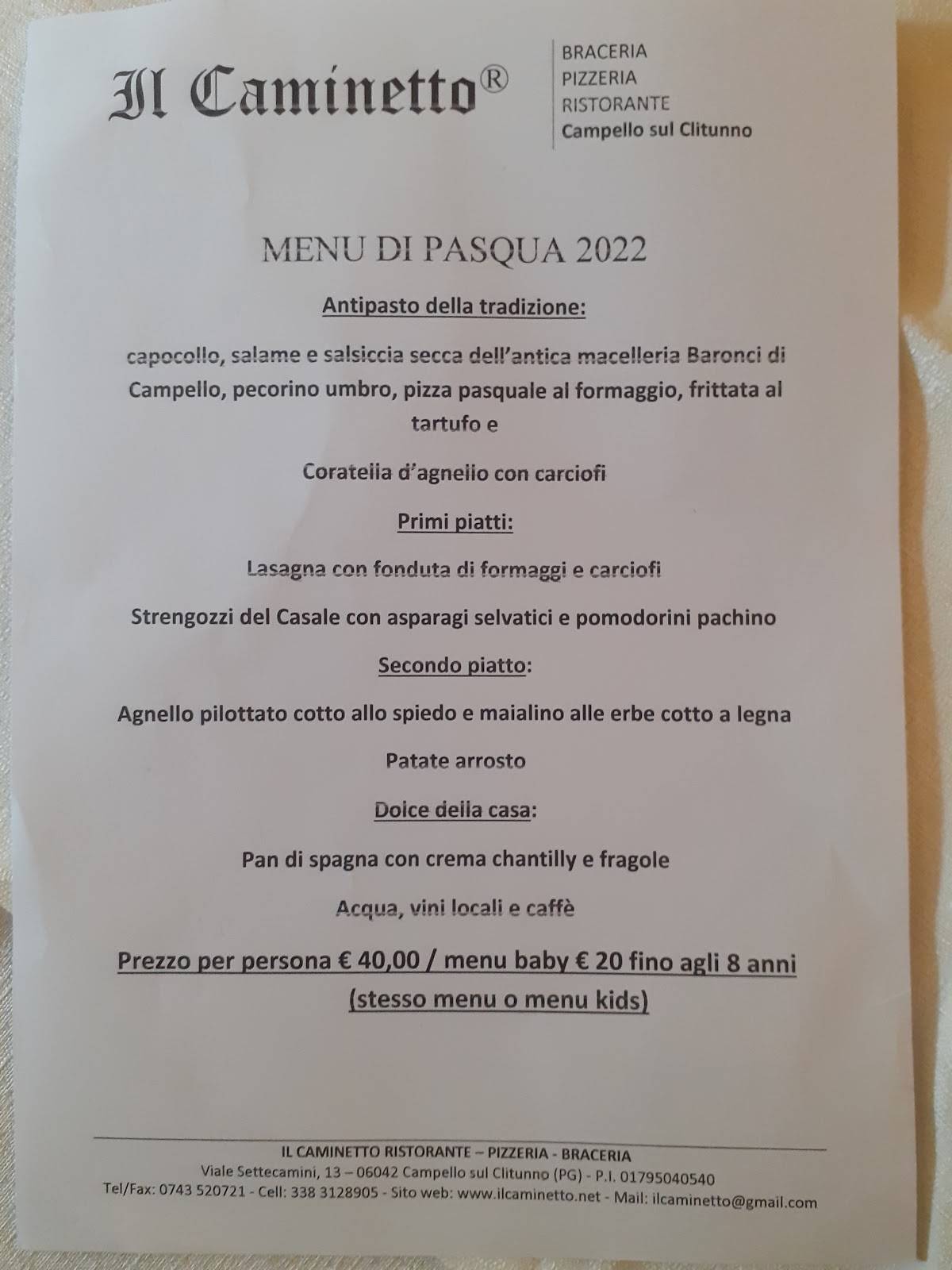 Menu da Ristorante Pizzeria Il Caminetto, Campello Sul Clitunno