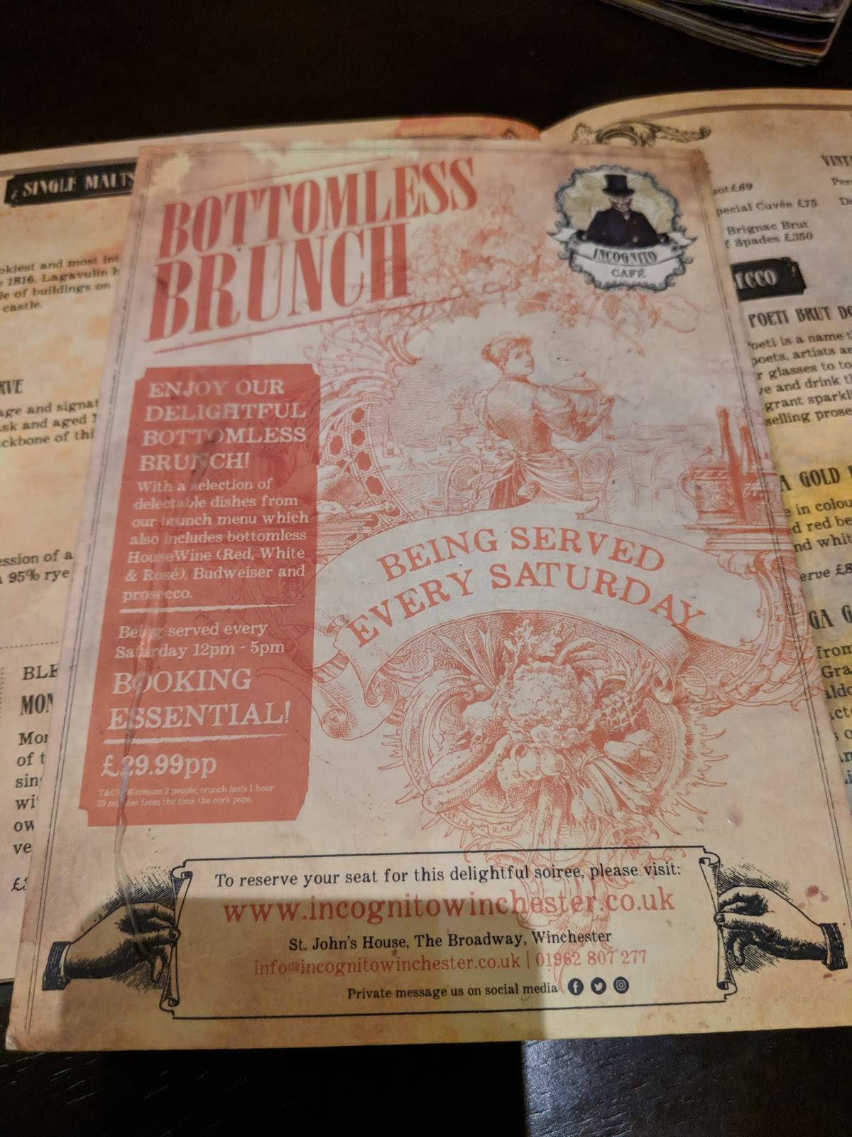 Menu at Incognito pub & bar, Winchester