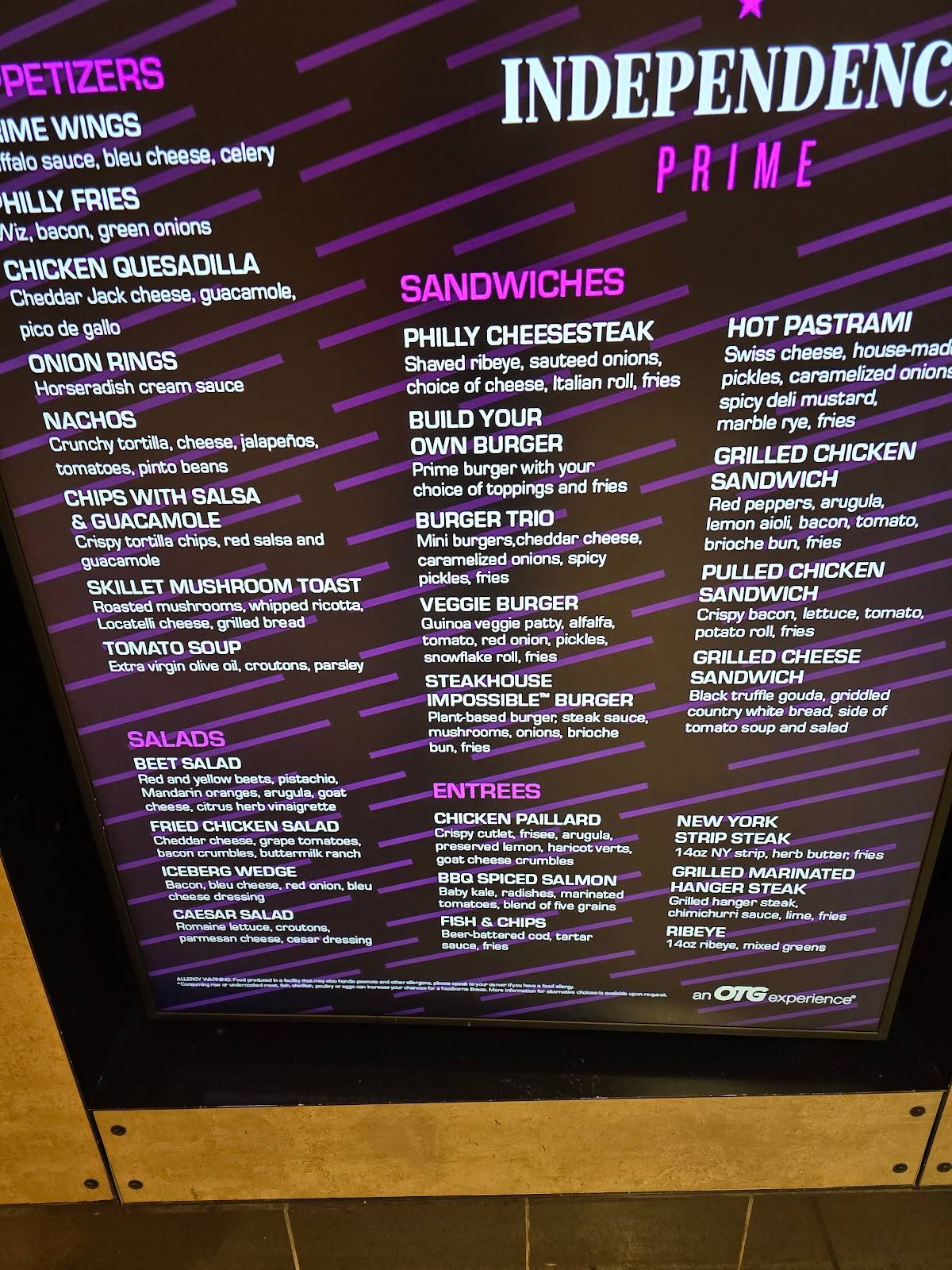 Menu at Independence Prime pub & bar, Philadelphia, Essington Ave