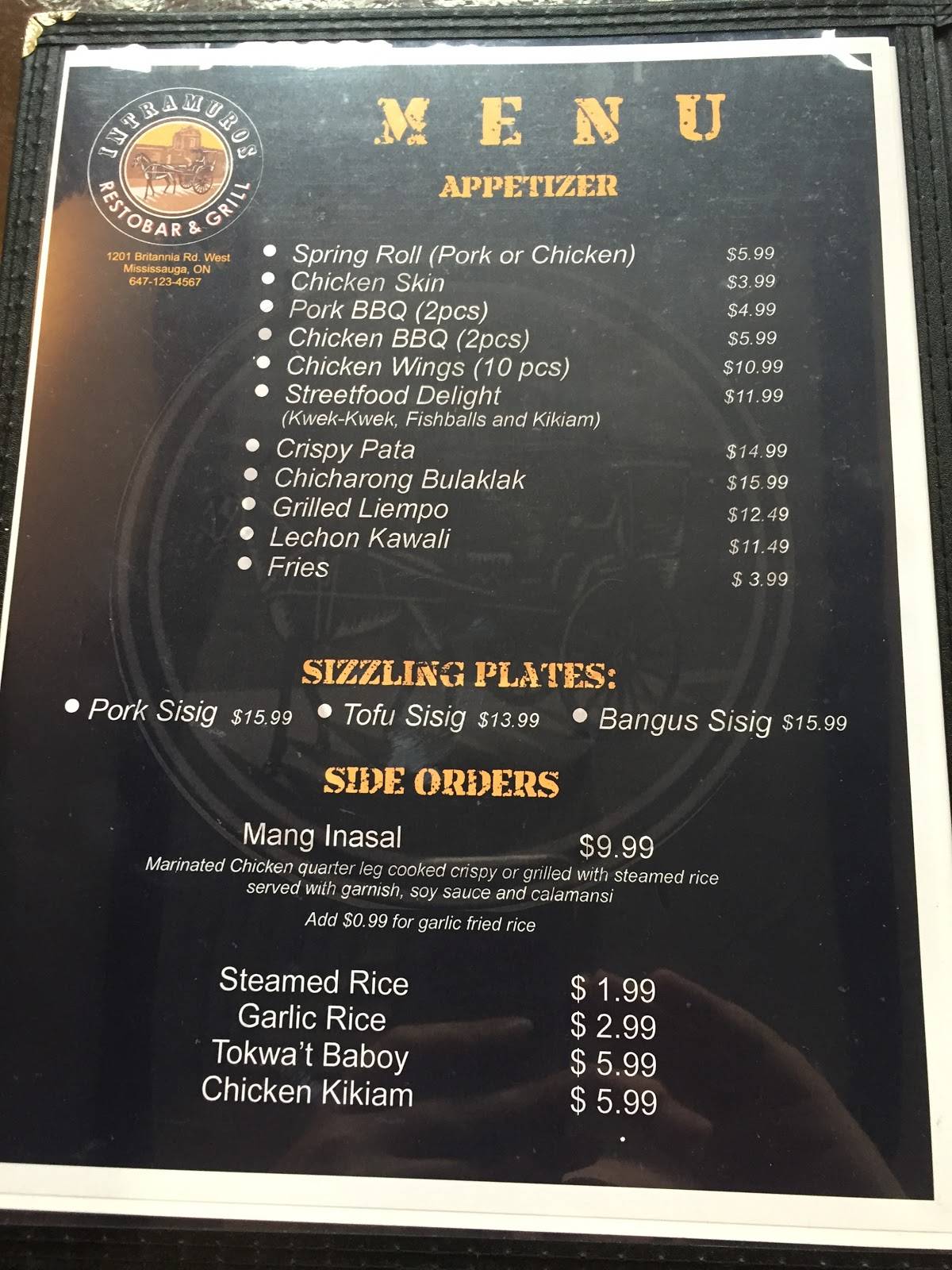 Menu at Intramuros Restobar & Grill, Mississauga